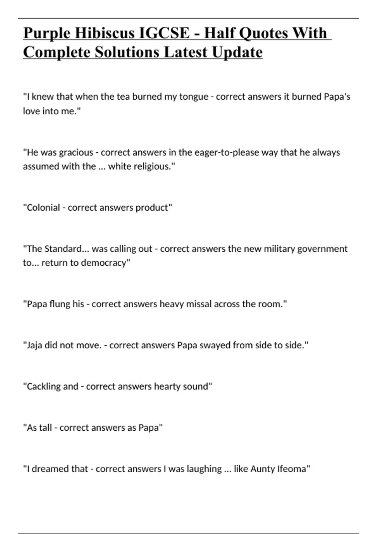 Purple Hibiscus IGCSE - Half Quotes With Complete Solutions Latest ...