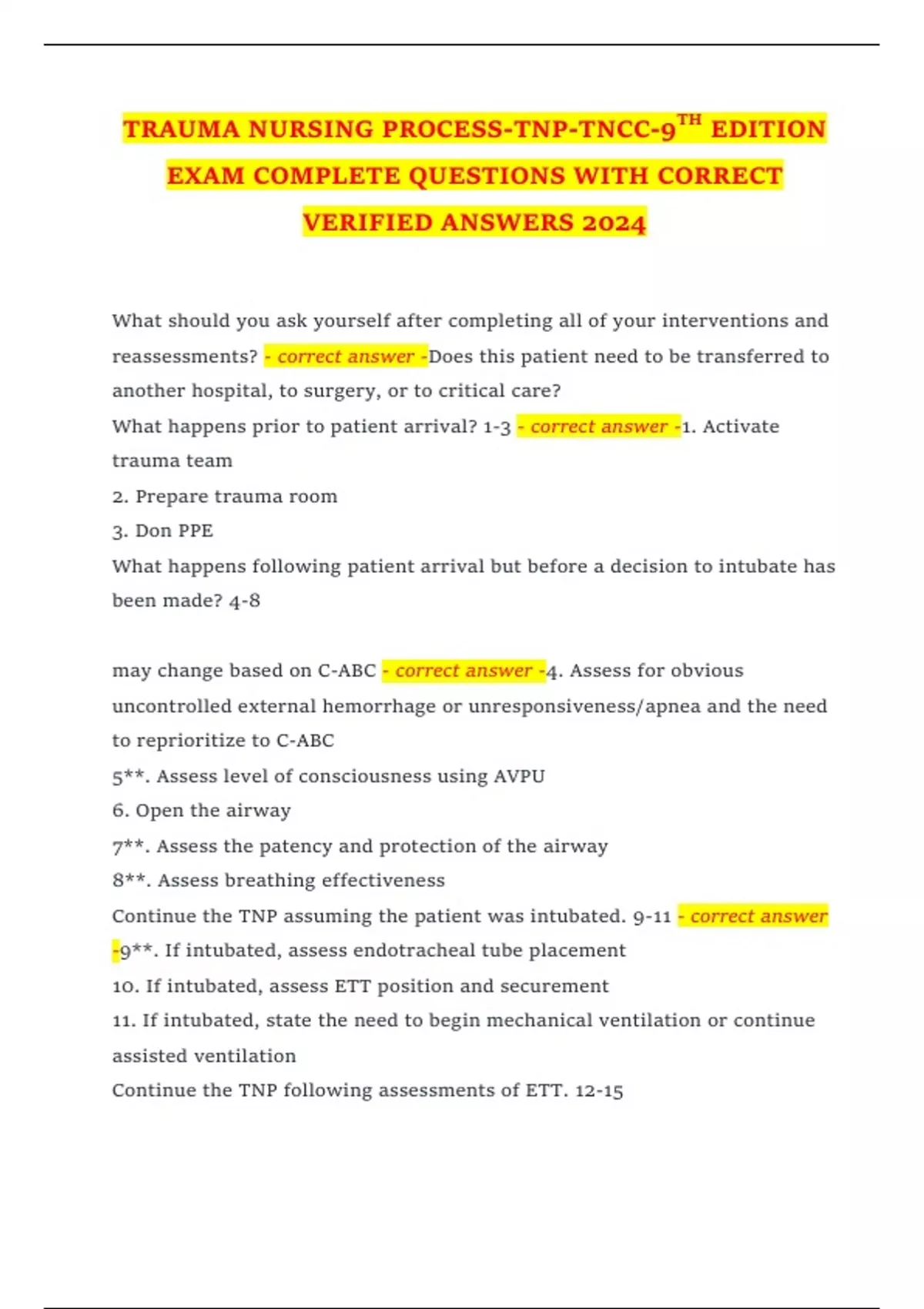 TRAUMA NURSING PROCESS-TNP-TNCC-9TH EDITION EXAM COMPLETE QUESTIONS WITH CORRECT VERIFIED ...