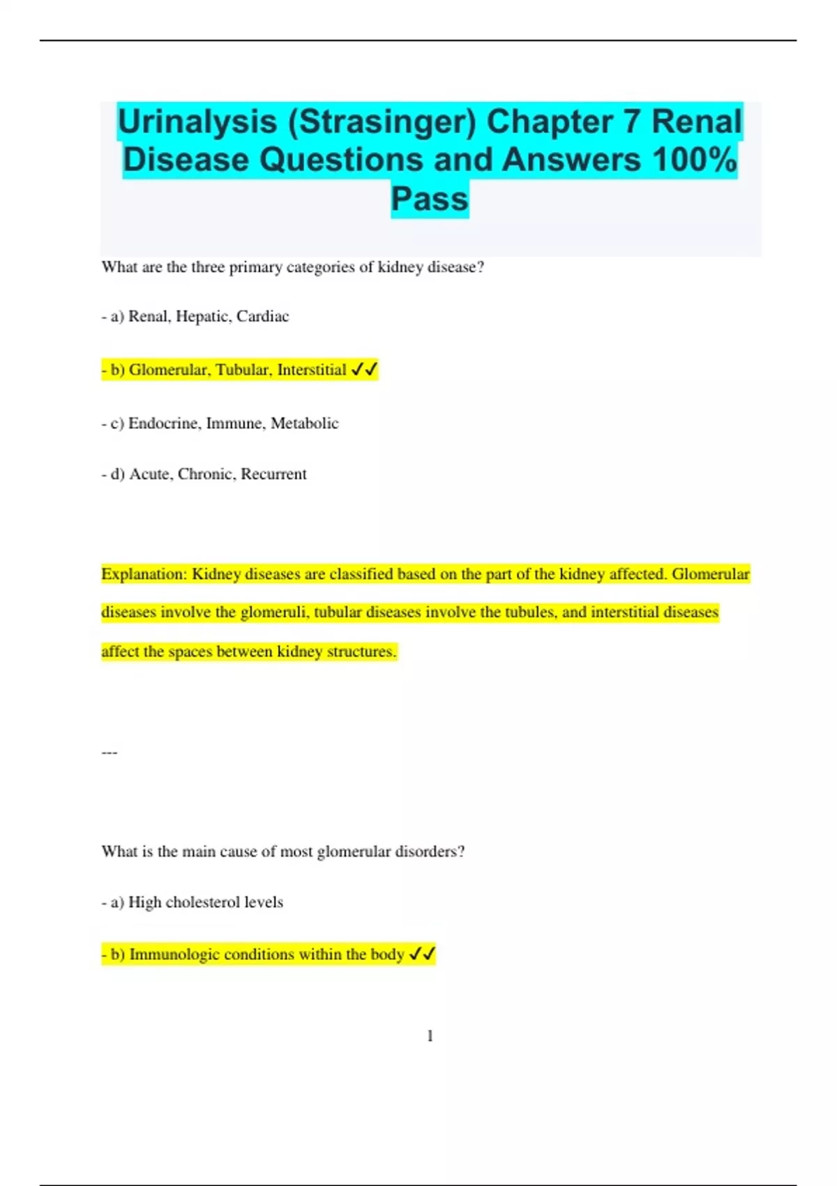 Urinalysis (Strasinger) Chapter 7 Renal Disease Questions and Answers ...