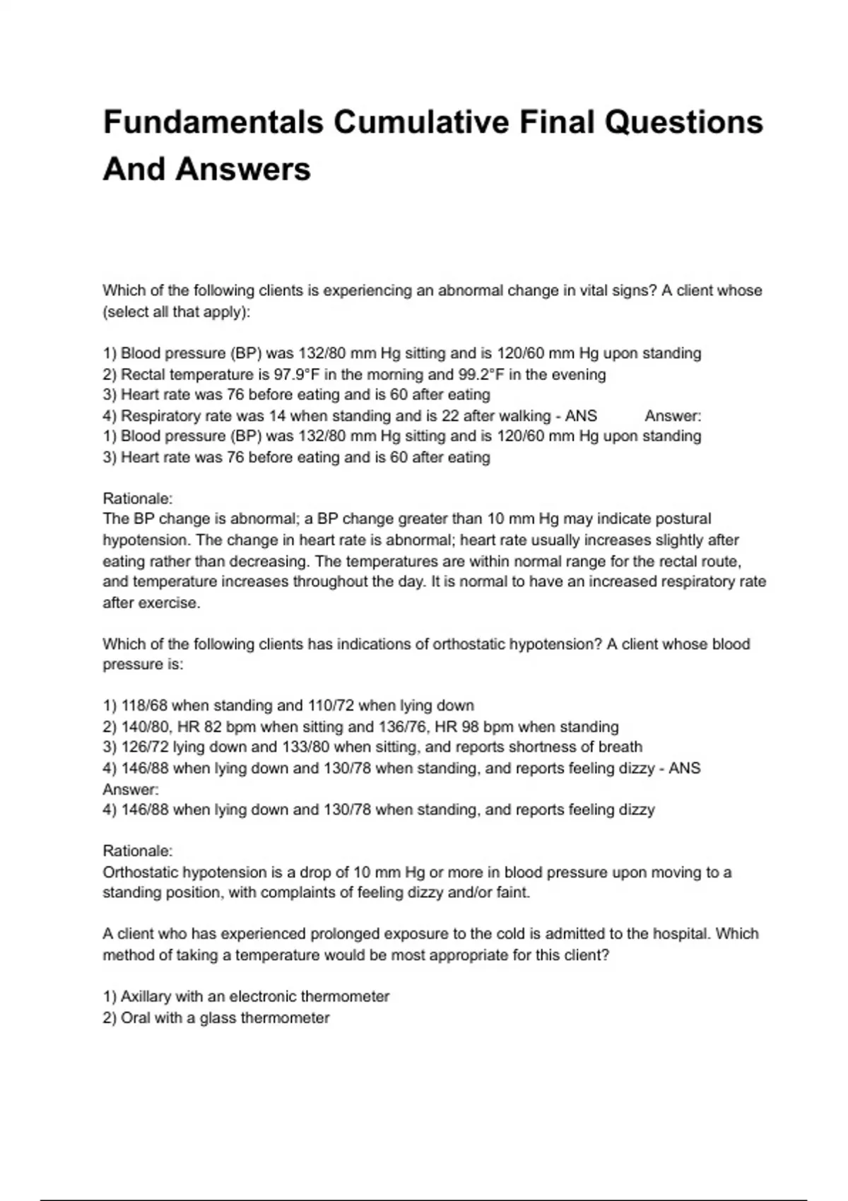 Fundamentals Cumulative Final Questions And Answers - Nursing ...