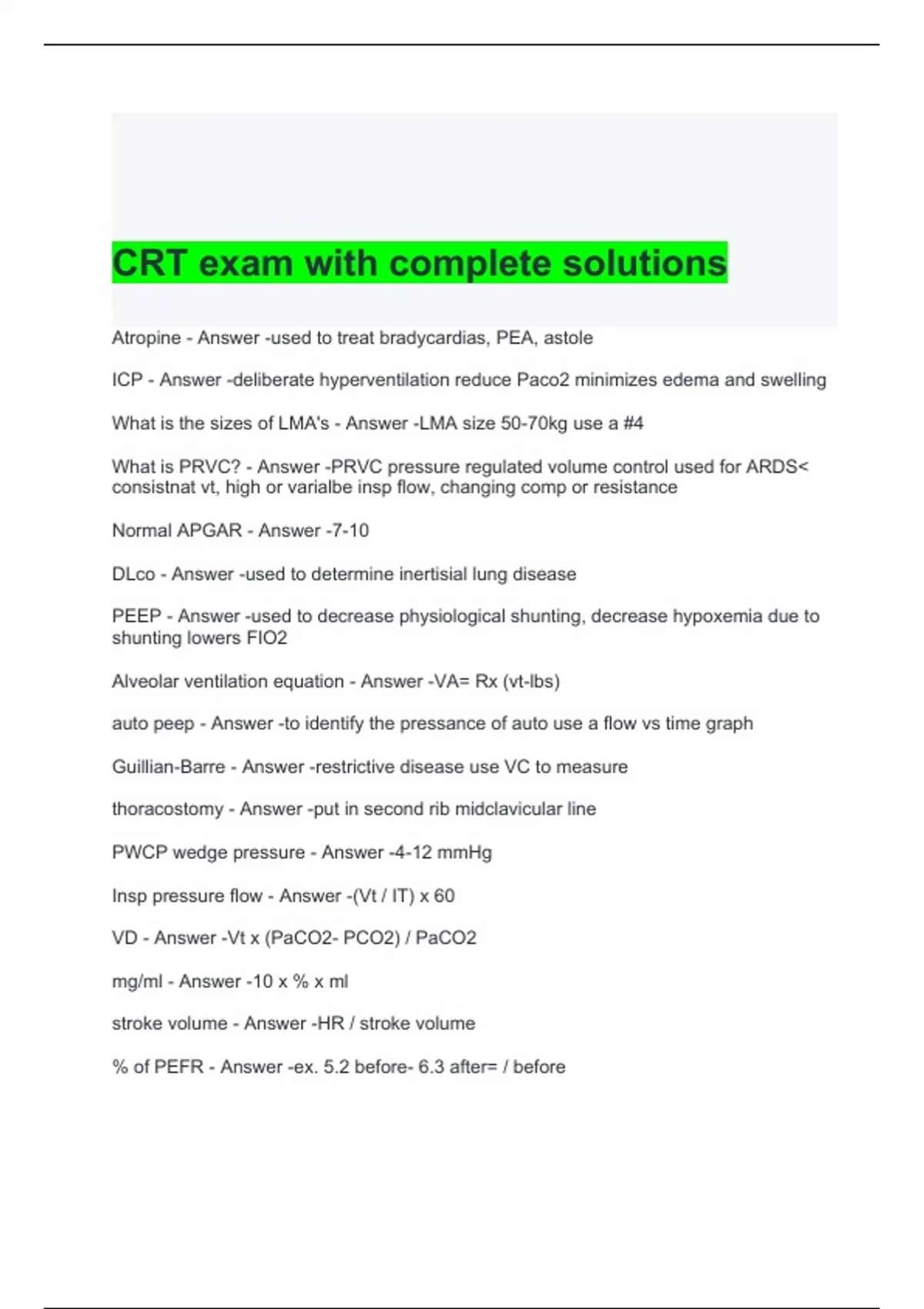 CRT exam with complete solutions - CRT - Stuvia US