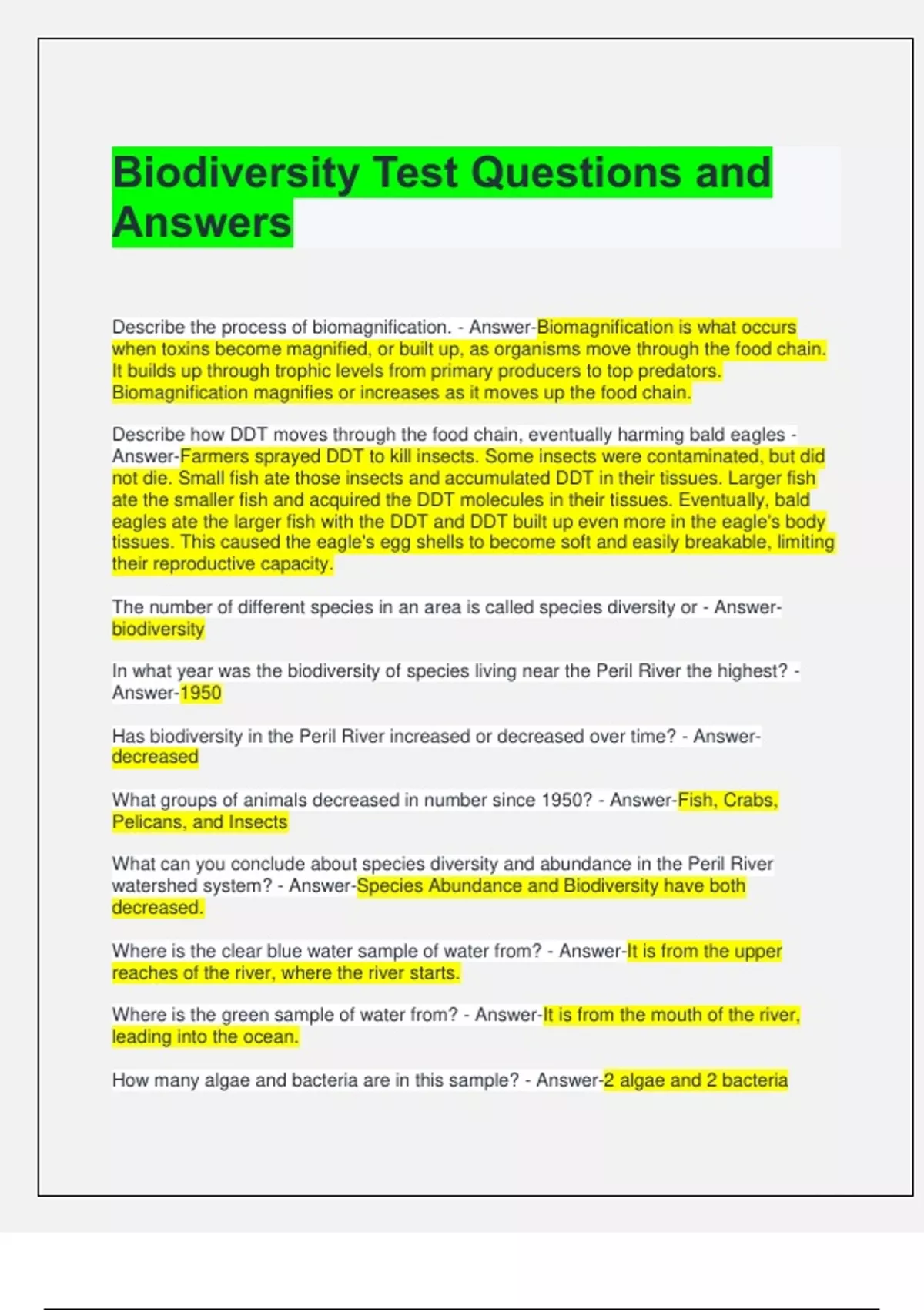 Biodiversity Test Questions and Answers - Biodiversity - Stuvia US