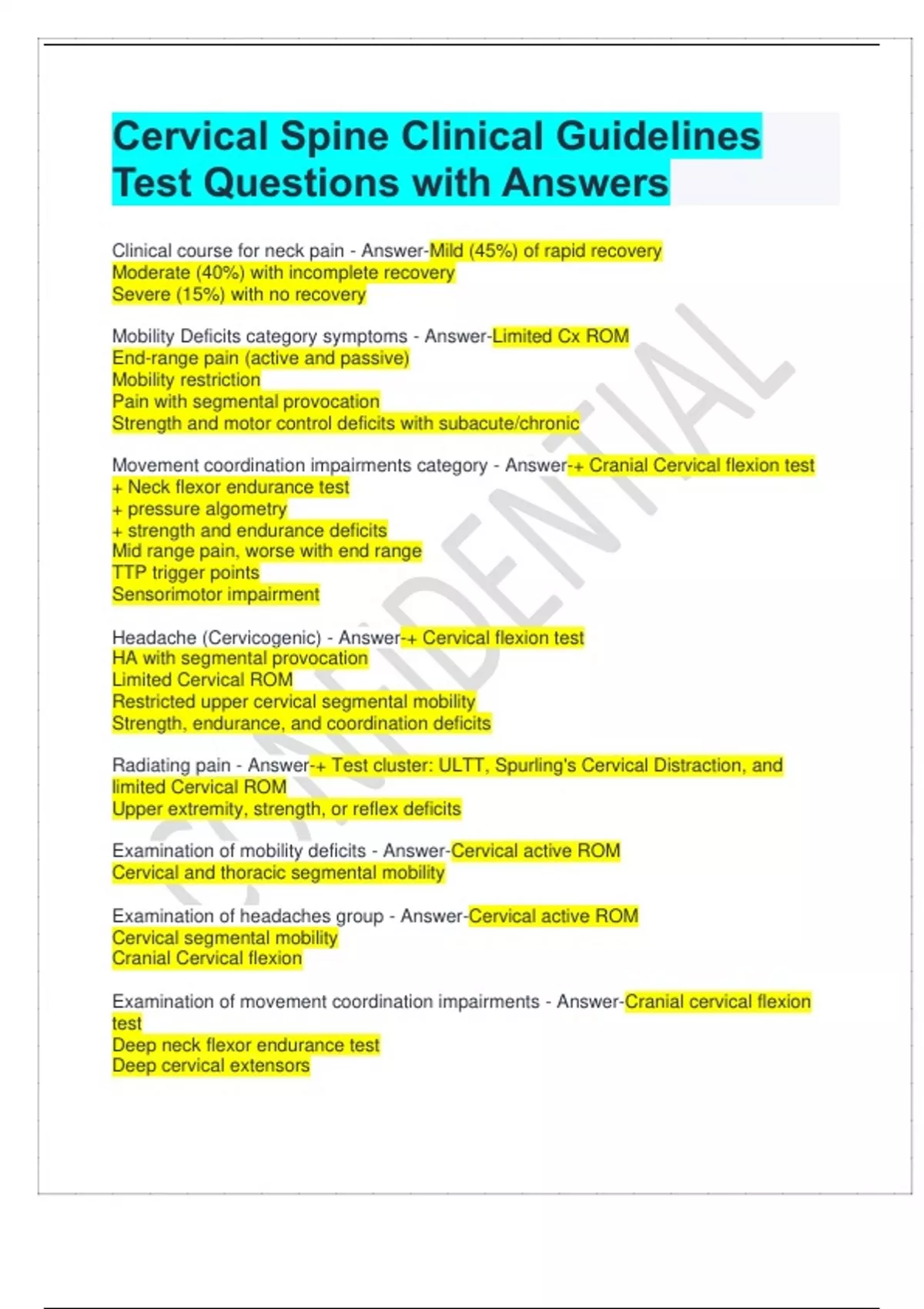 Cervical Spine Clinical Guidelines Test Questions with Answers ...