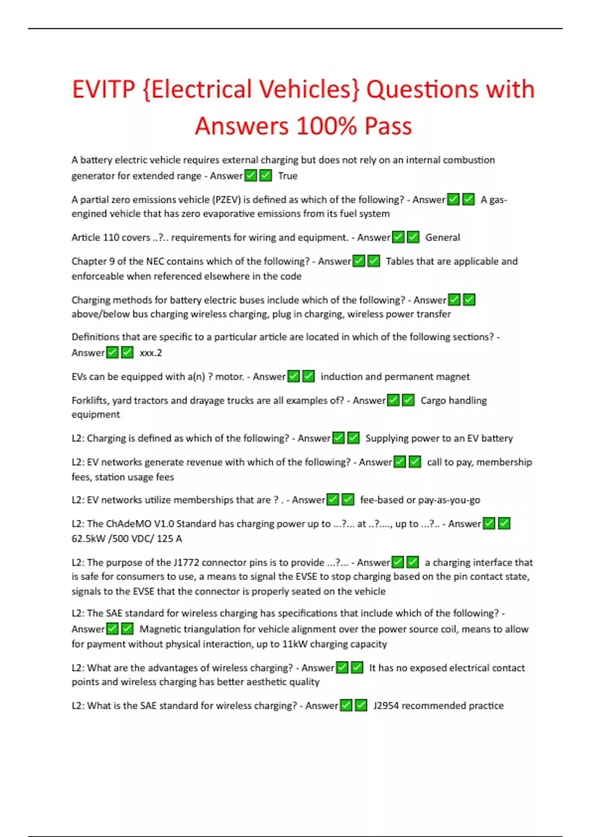 EVITP {Electrical Vehicles} Questions with Answers 100% Pass - Electric ...