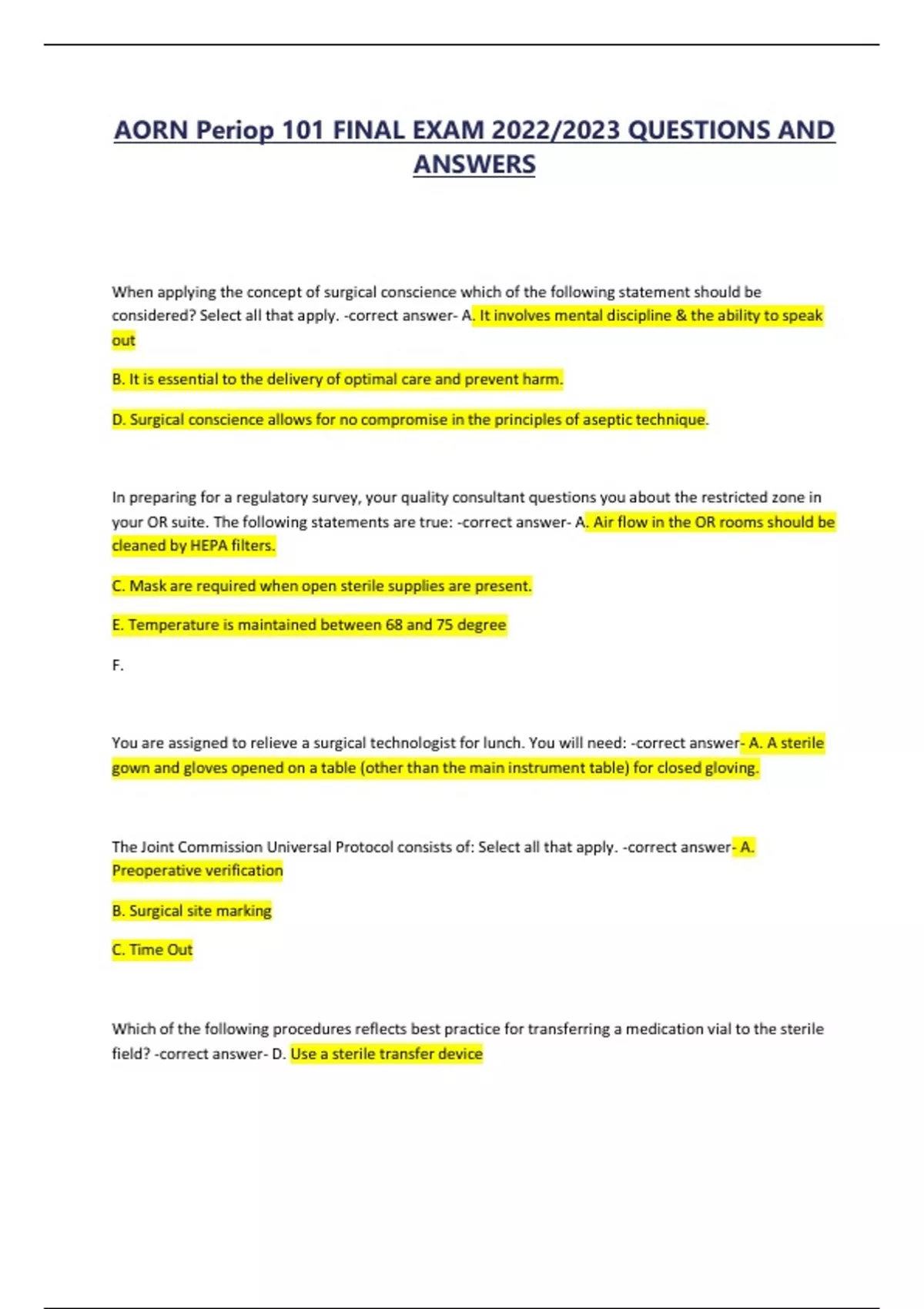 Aorn Periop 101 Final Exam Questions And Answers 2024 2025 100 Correct Verified Answers