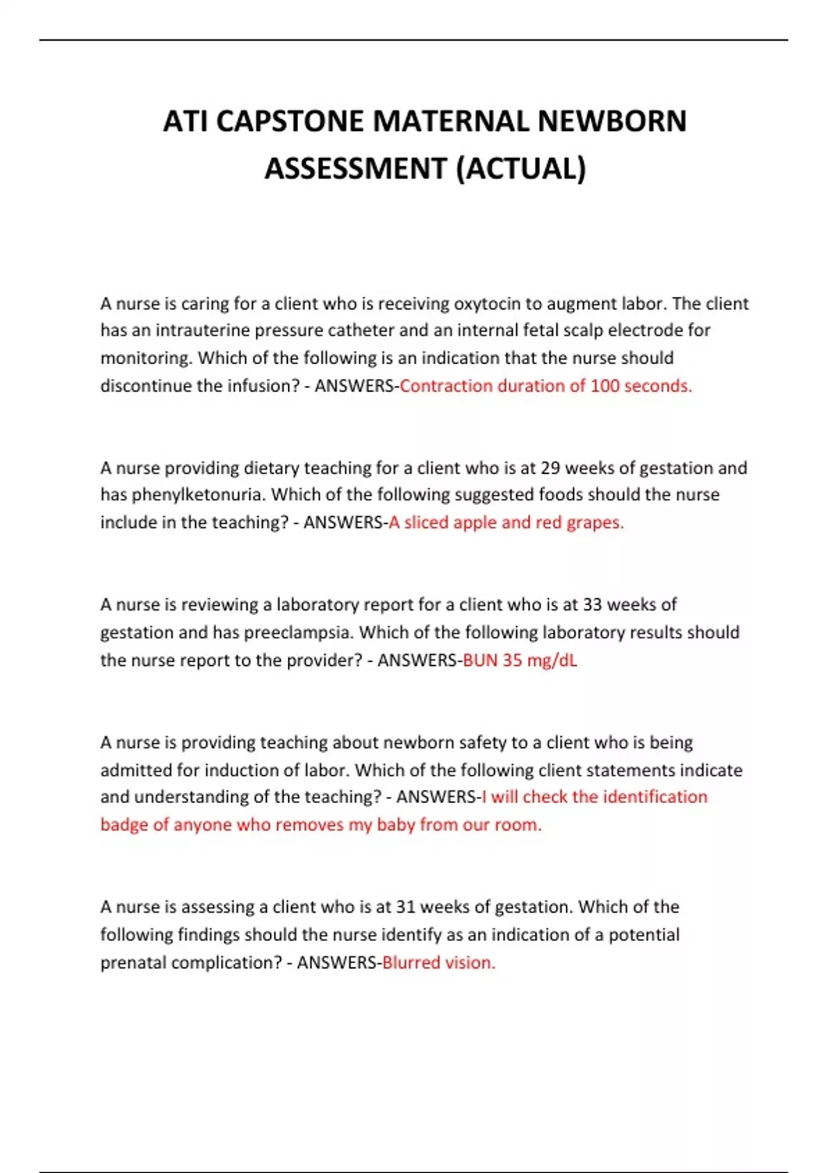 ATI CAPSTONE MATERNAL NEWBORN ASSESSMENT (ACTUAL) 2024 QUESTIONS AND ...