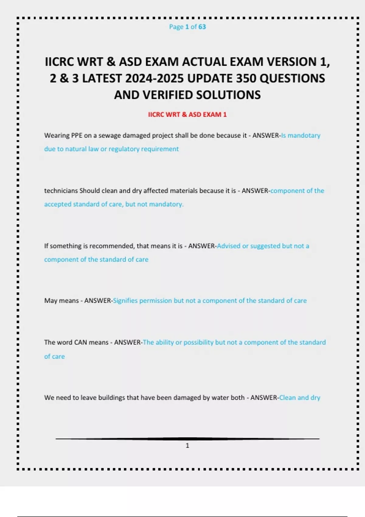 IICRC WRT & ASD EXAM ACTUAL EXAM VERSION 1, 2 & 3 LATEST UPDATE 350 ...