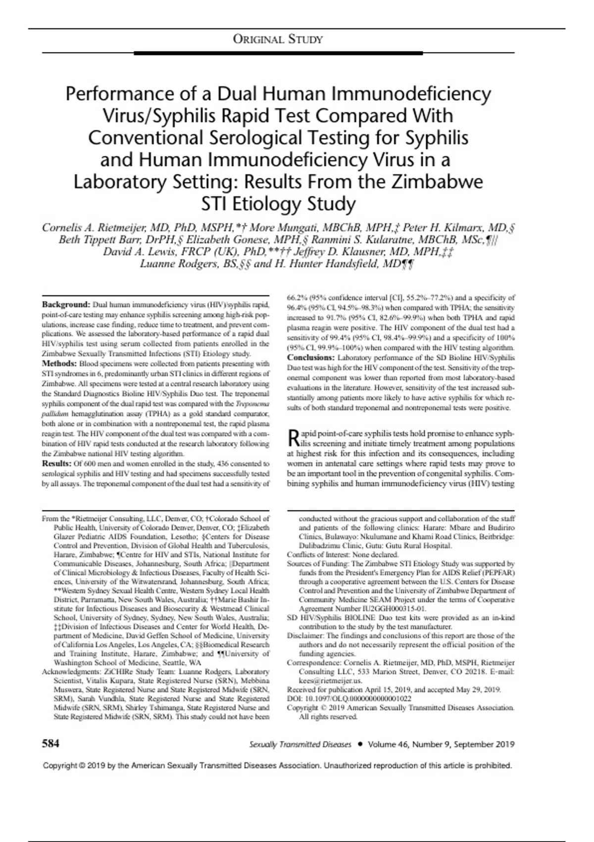 Performance of a Dual Human Immunodeficiency Virus/Syphilis Rapid Test ...