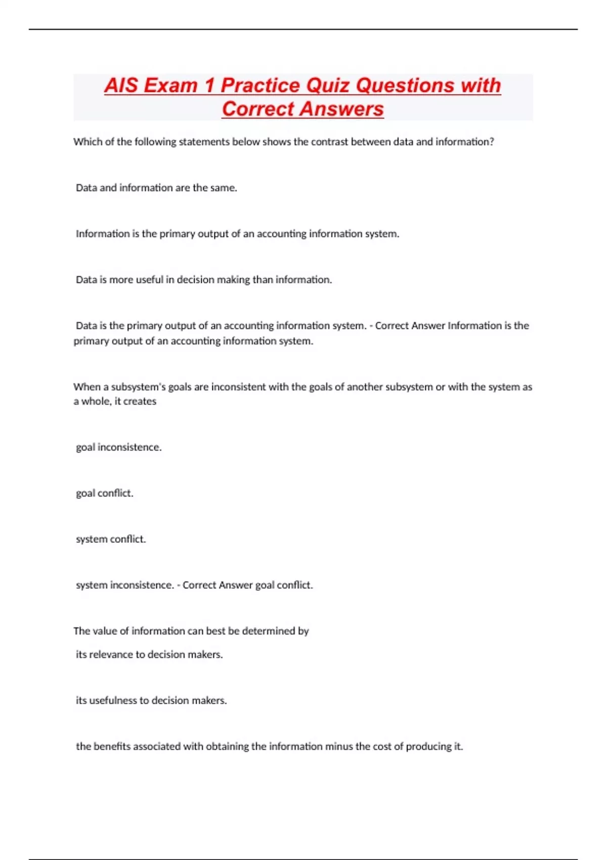 AIS Exam 1 Practice Quiz Questions with Correct Answers - AIS - Stuvia US