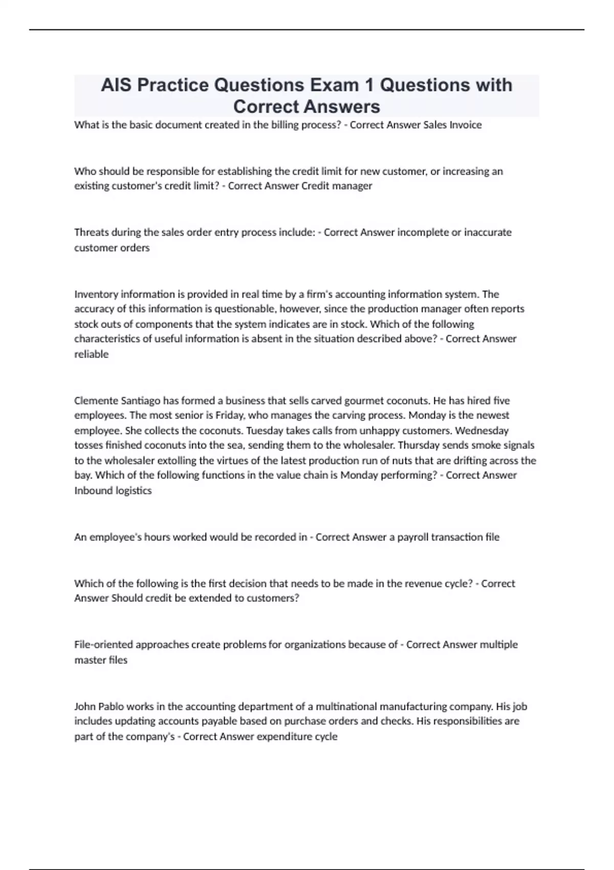 AIS Practice Questions Exam 1 Questions with Correct Answers - AIS ...