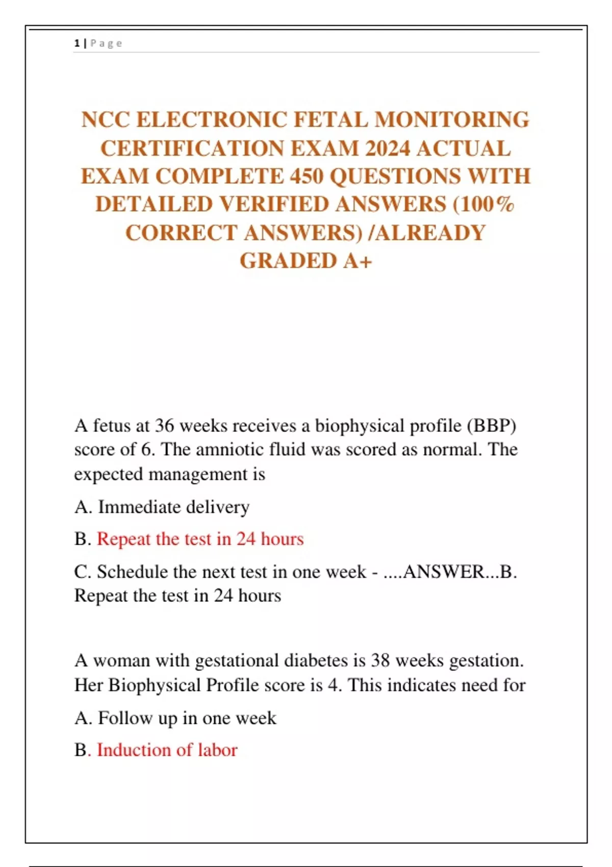 NCC ELECTRONIC FETAL MONITORING CERTIFICATION EXAM 2024 ACTUAL EXAM COMPLETE 450 QUESTIONS WITH ...