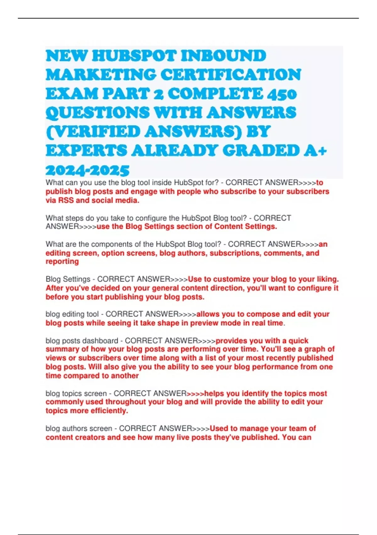 NEW HUBSPOT INBOUND MARKETING CERTIFICATION EXAM PART 2 COMPLETE 450 ...