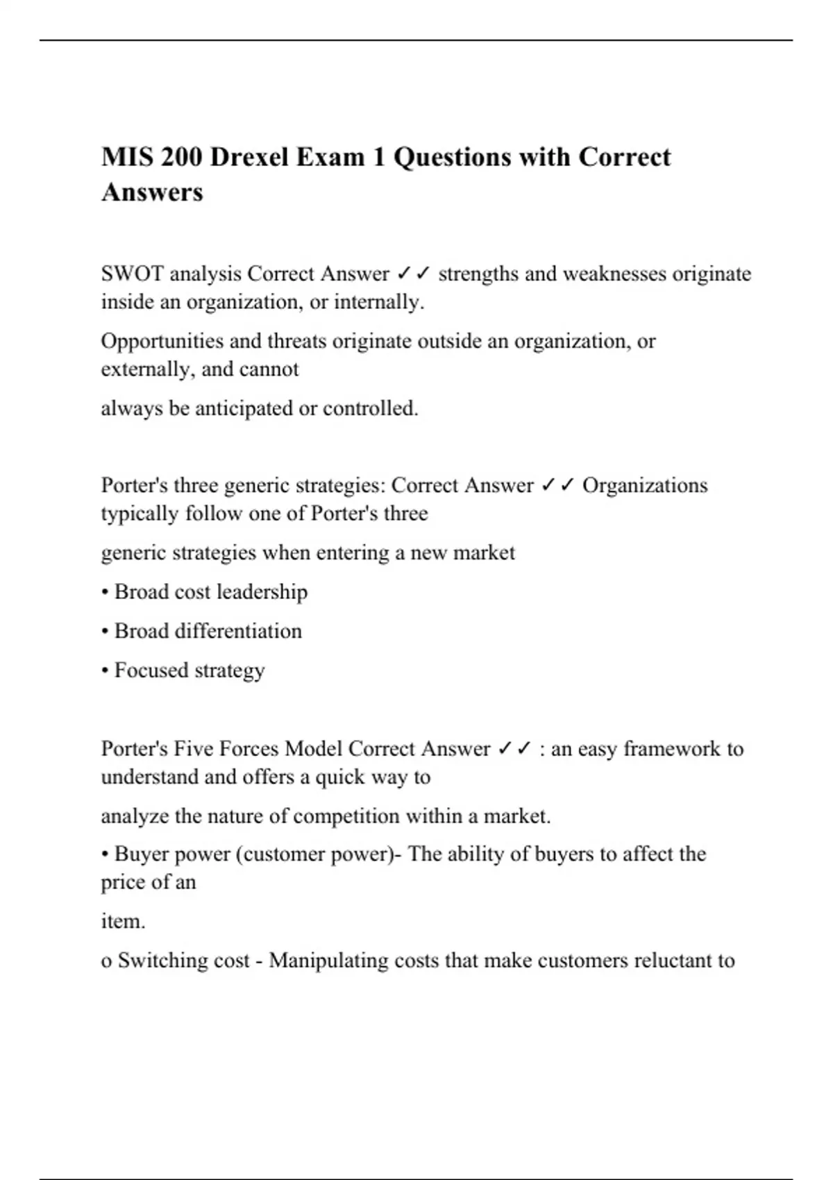 MIS 200 Drexel Exam 1 Questions with Correct Answers - MIS 200 - Stuvia US