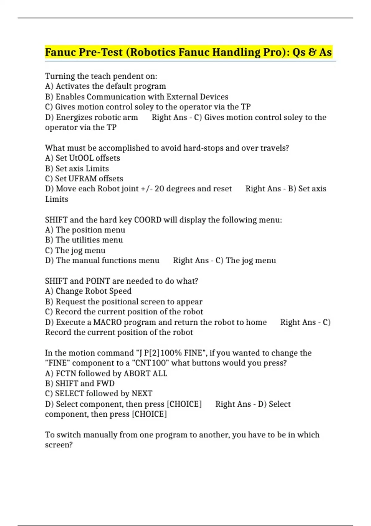 Fanuc Pre-Test (Robotics Fanuc Handling Pro): Qs & As - FANUC - Stuvia UK