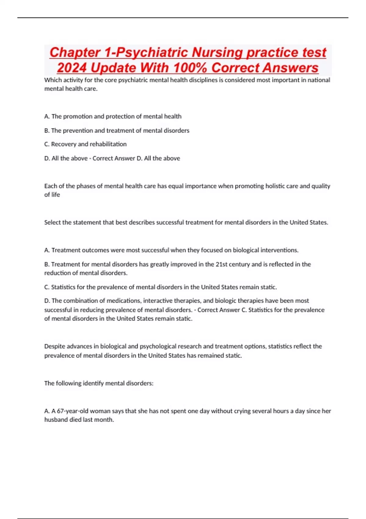 Chapter 1-Psychiatric Nursing practice test 2024 Update With 100% ...