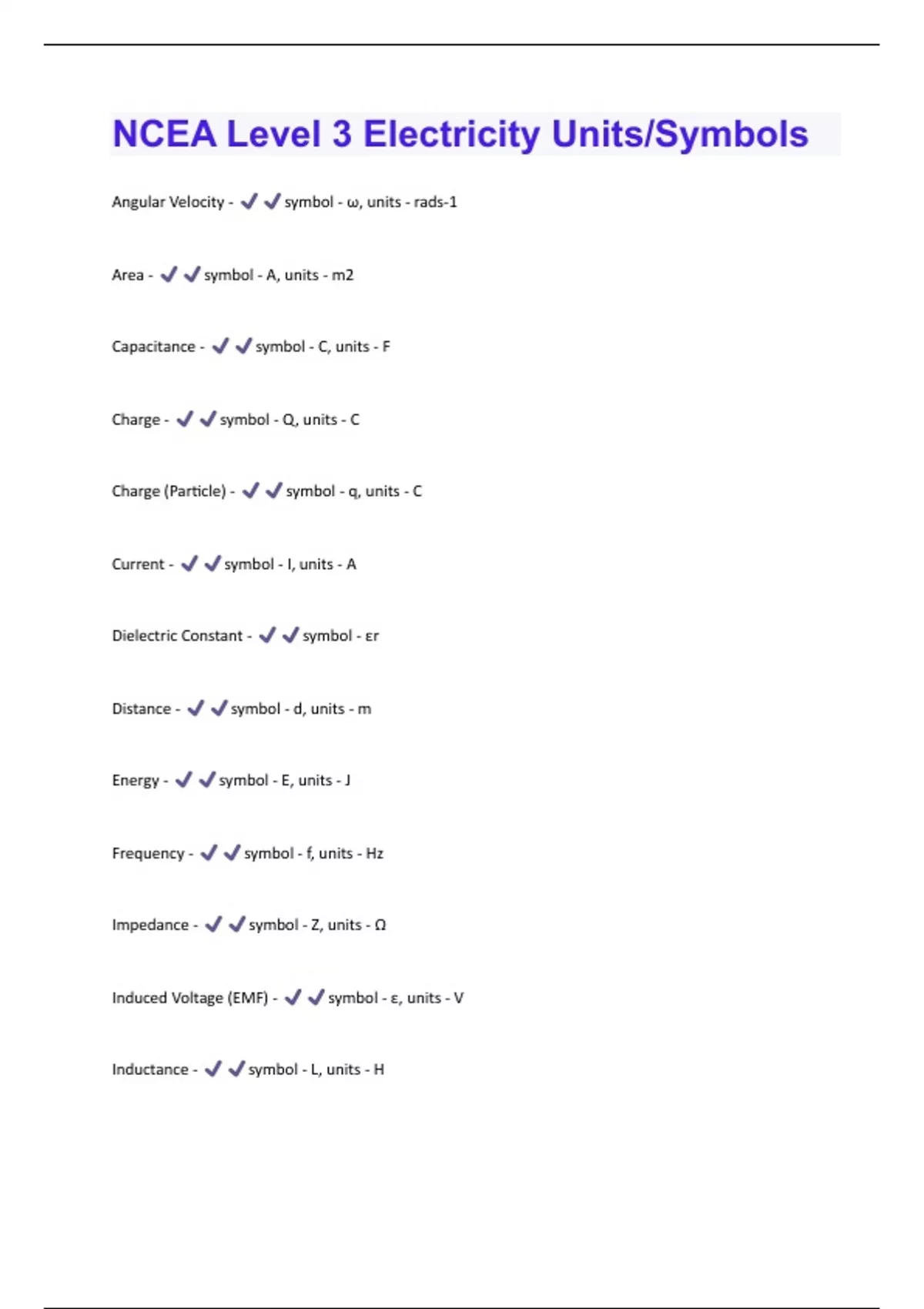 NCEA Level 3 Electricity Units/Symbols Questions And Answers Rated A+ ...