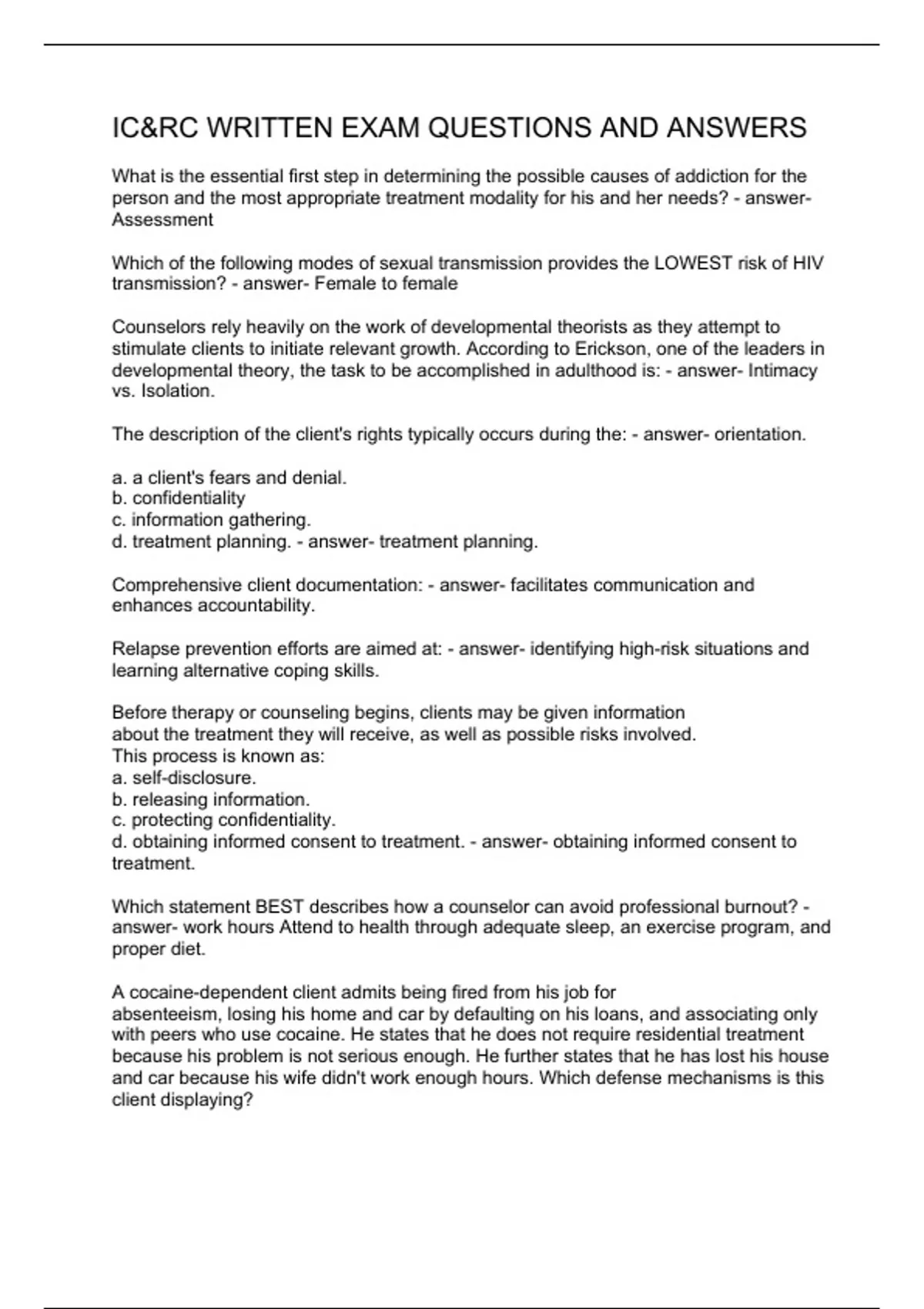 IC&RC WRITTEN EXAM QUESTIONS AND ANSWERS - IC&RC - Stuvia US