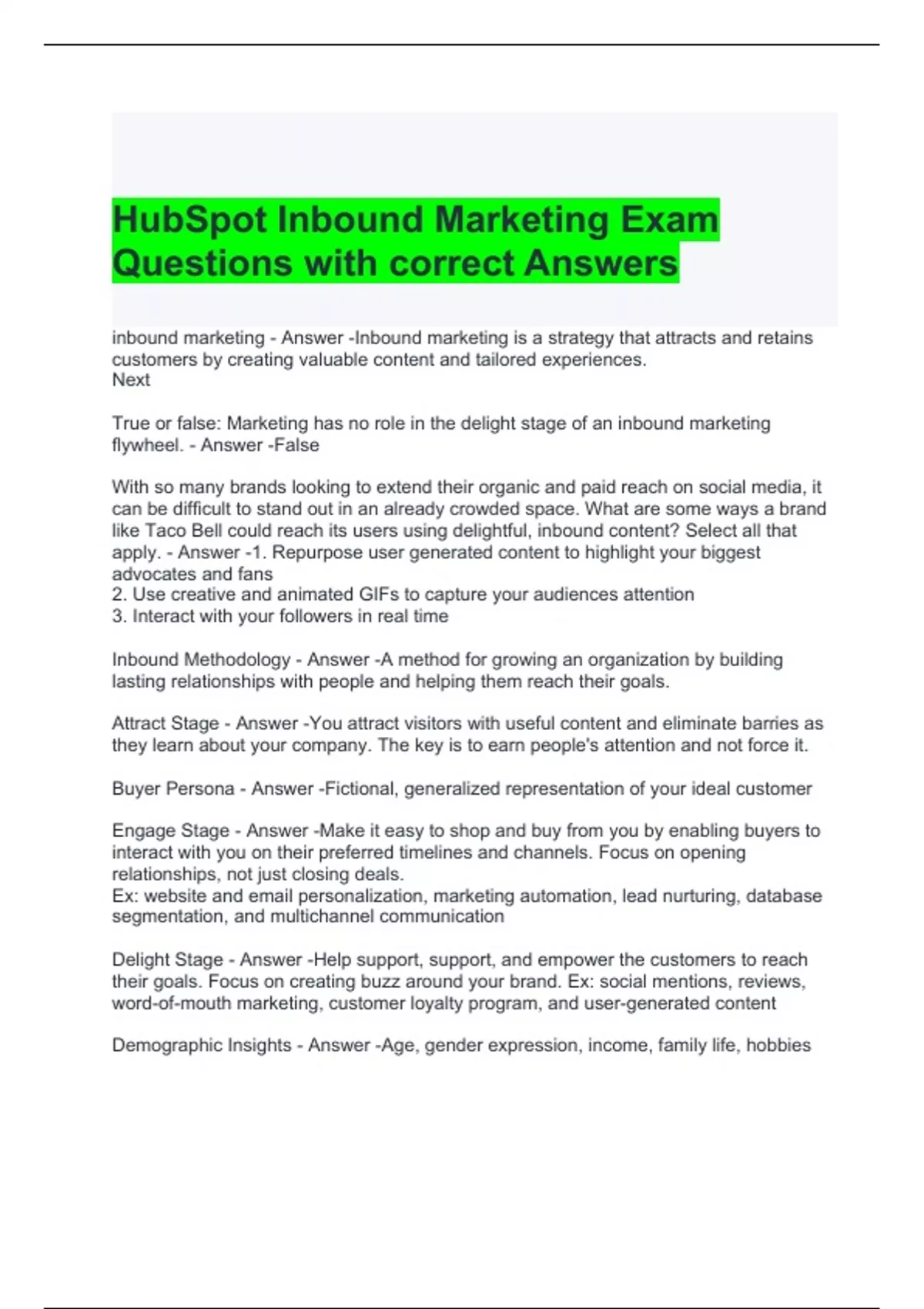 HubSpot Inbound Marketing Exam Questions with correct Answers - HubSpot ...