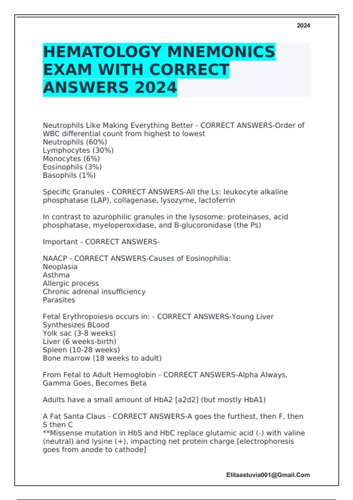 HEMATOLOGY MNEMONICS EXAM WITH CORRECT ANSWERS 2024 - HEMATOLOGY ...