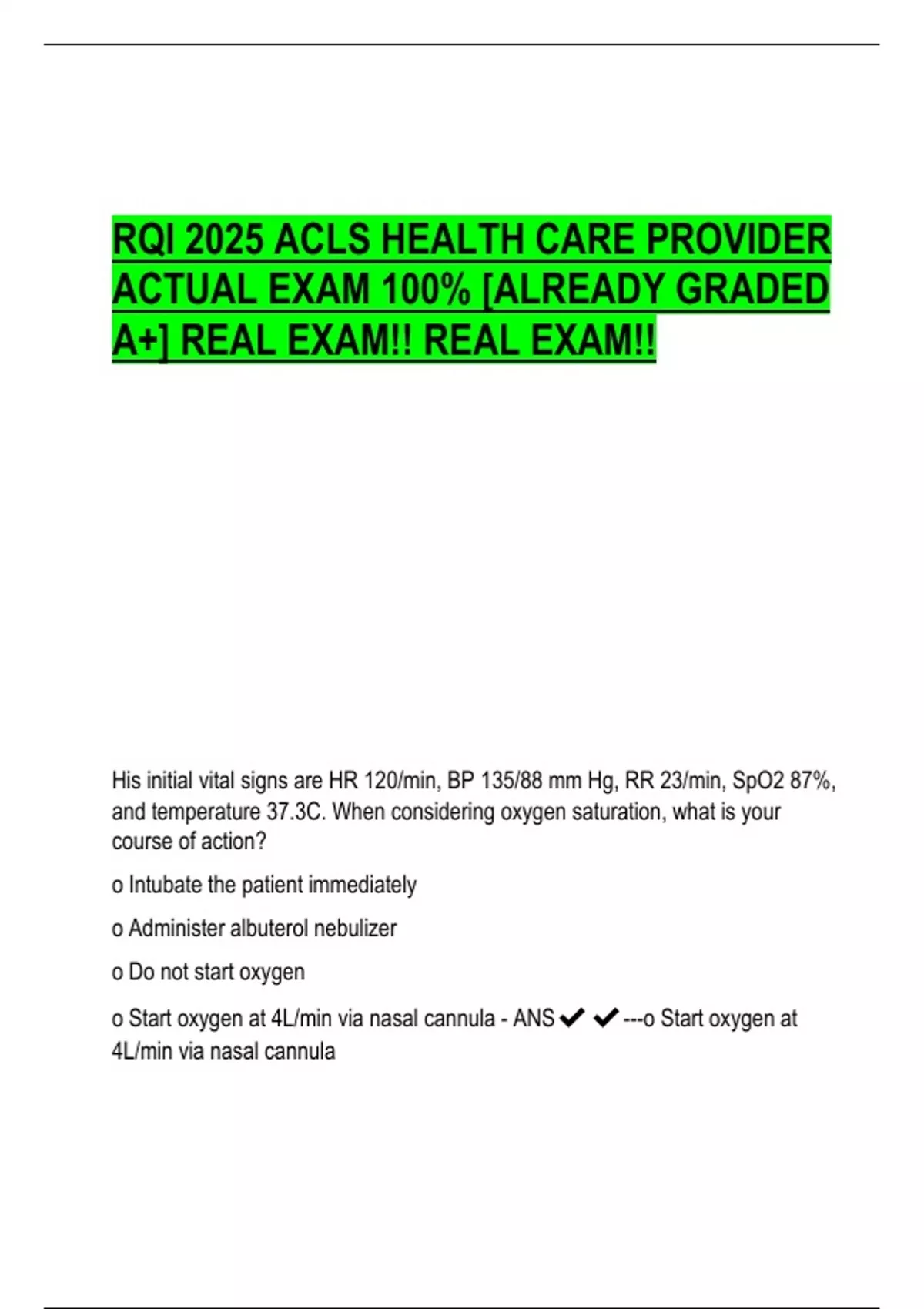 RQI 2025 ACLS HEALTH CARE PROVIDER ACTUAL EXAM 100% [ALREADY GRADED A+ ...