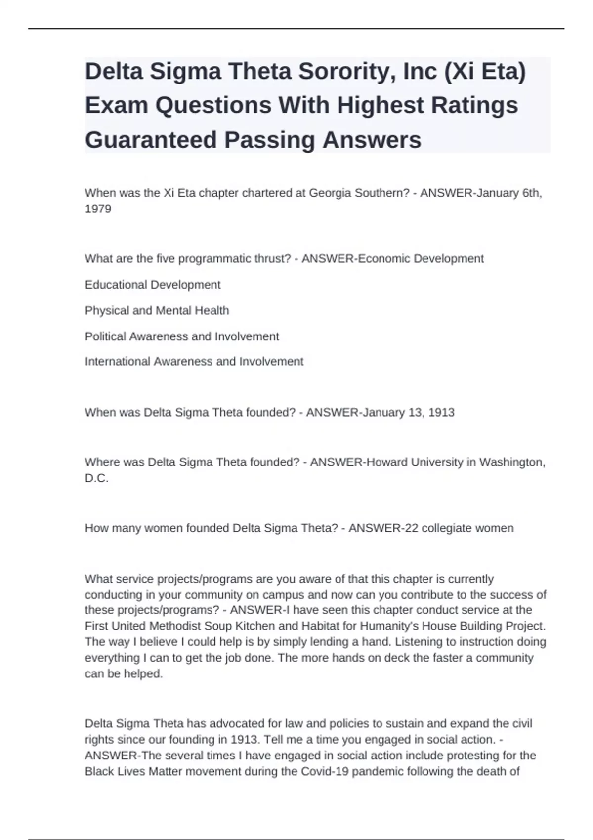 Delta Sigma Theta Sorority, Inc (Xi Eta) Exam Questions With Highest ...