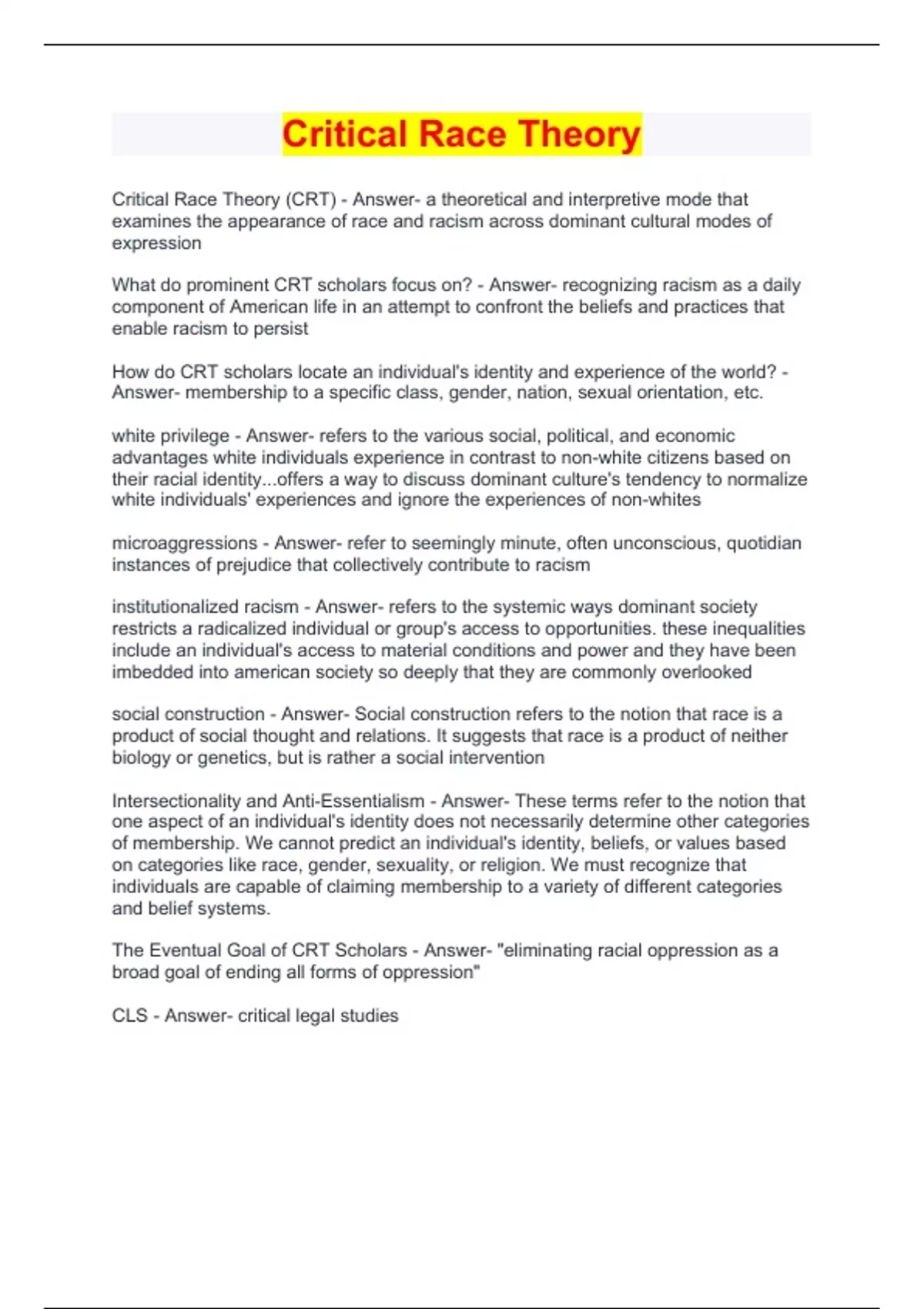 Critical Race Theory Questions and Answers - Critical Race Theory ...