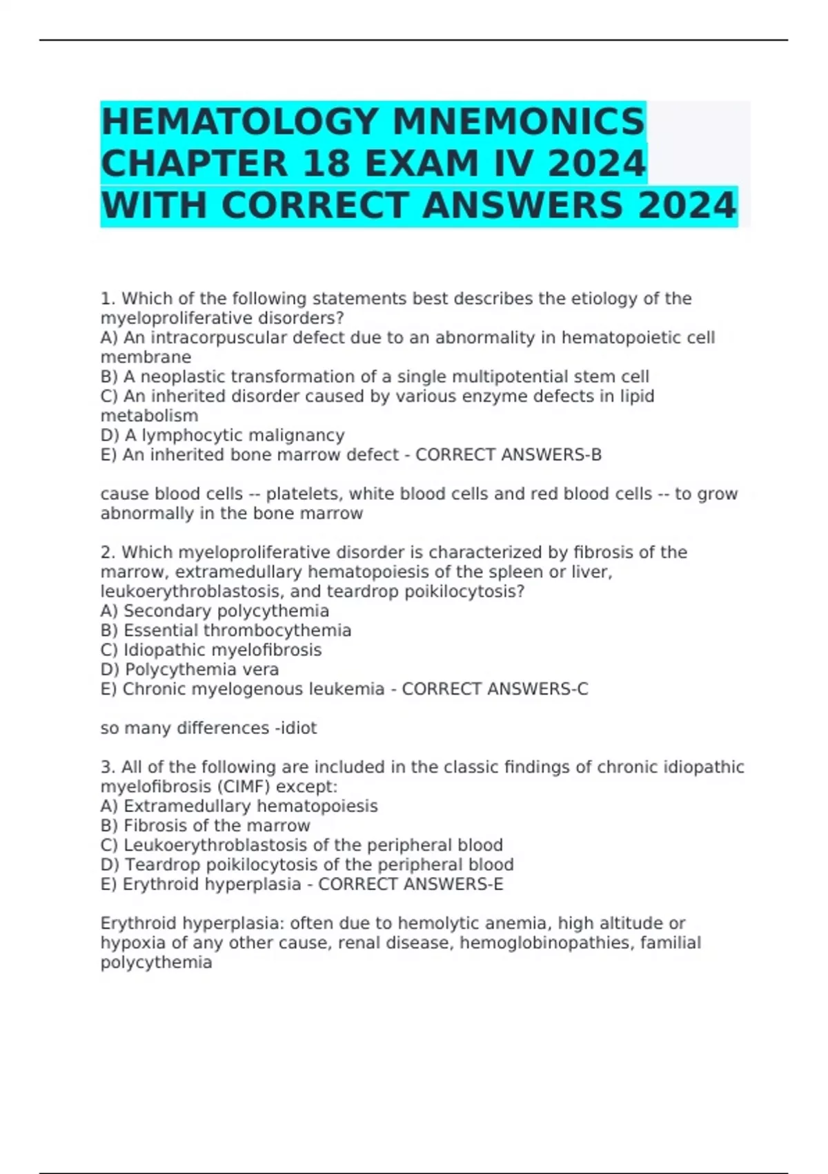 HEMATOLOGY MNEMONICS CHAPTER 18 EXAM IV WITH CORRECT ANSWERS 2024 ...