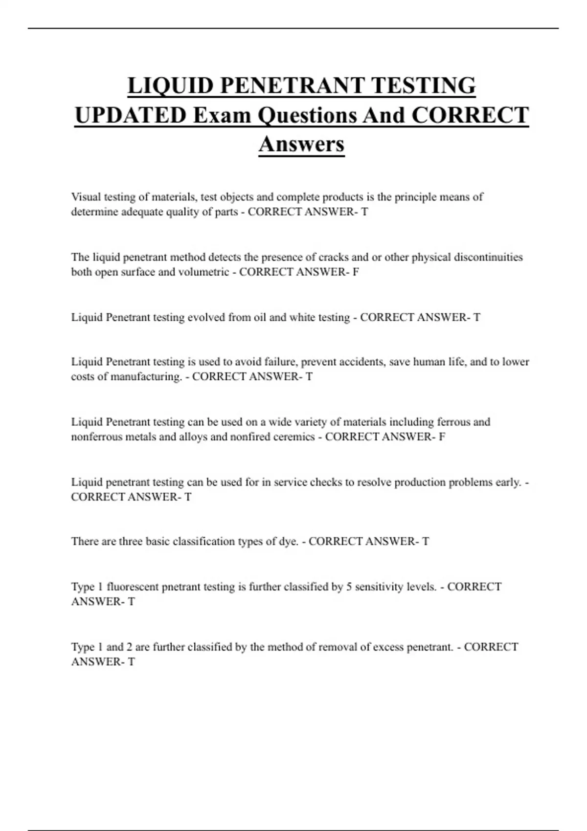 LIQUID PENETRANT TESTING UPDATED Exam Questions And CORRECT Answers ...
