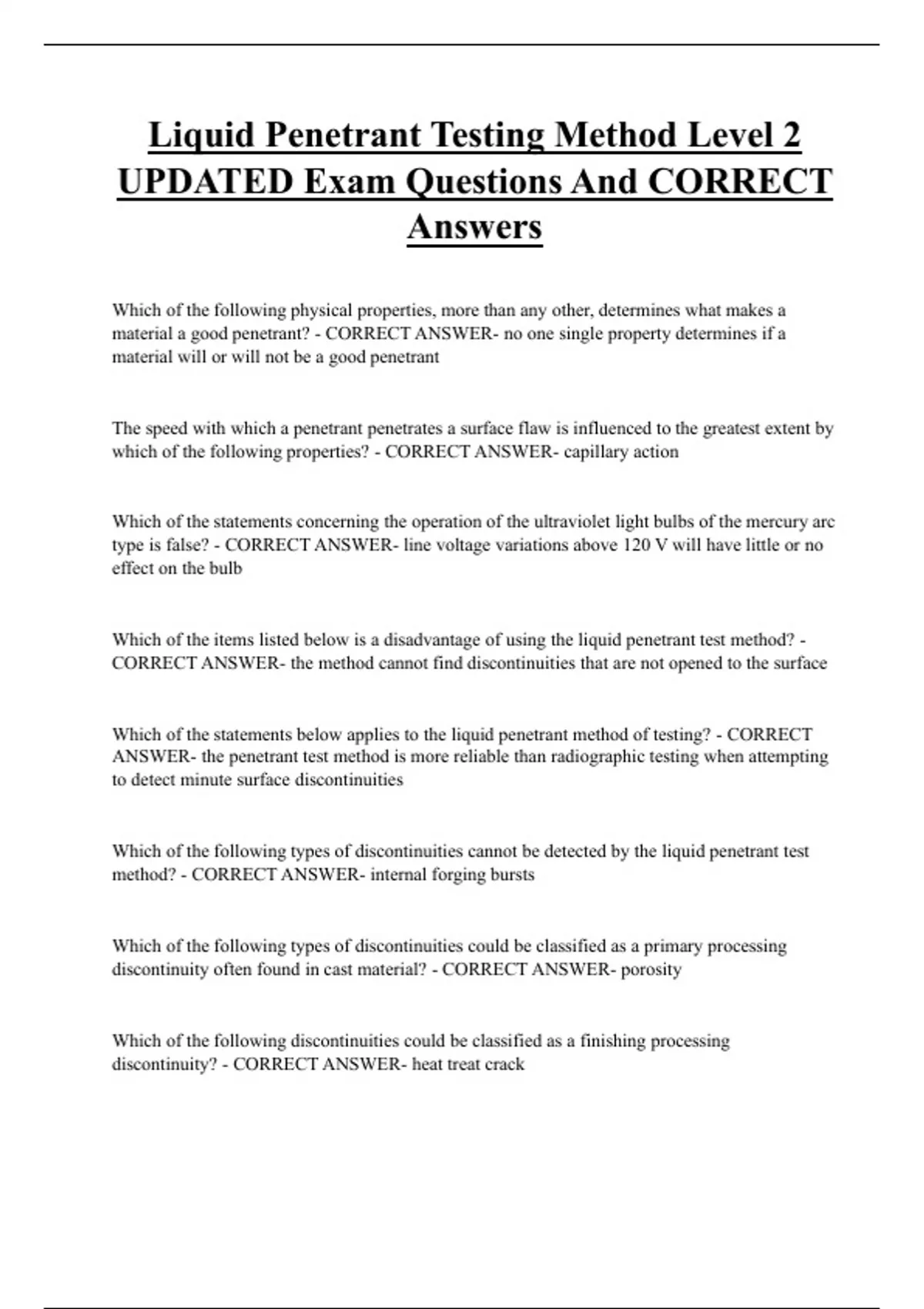 Liquid Penetrant Testing Method Level 2 UPDATED Exam Questions And ...