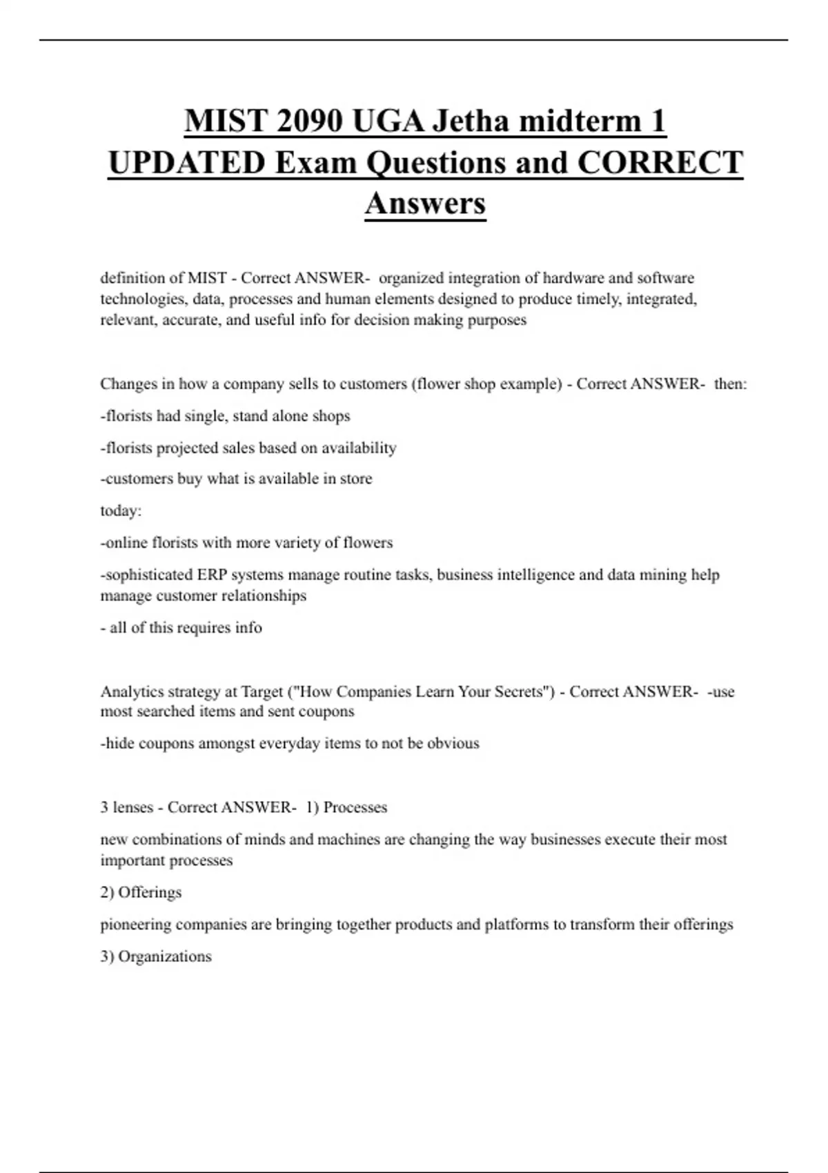 MIST 2090 UGA Jetha midterm 1 UPDATED Exam Questions and CORRECT ...