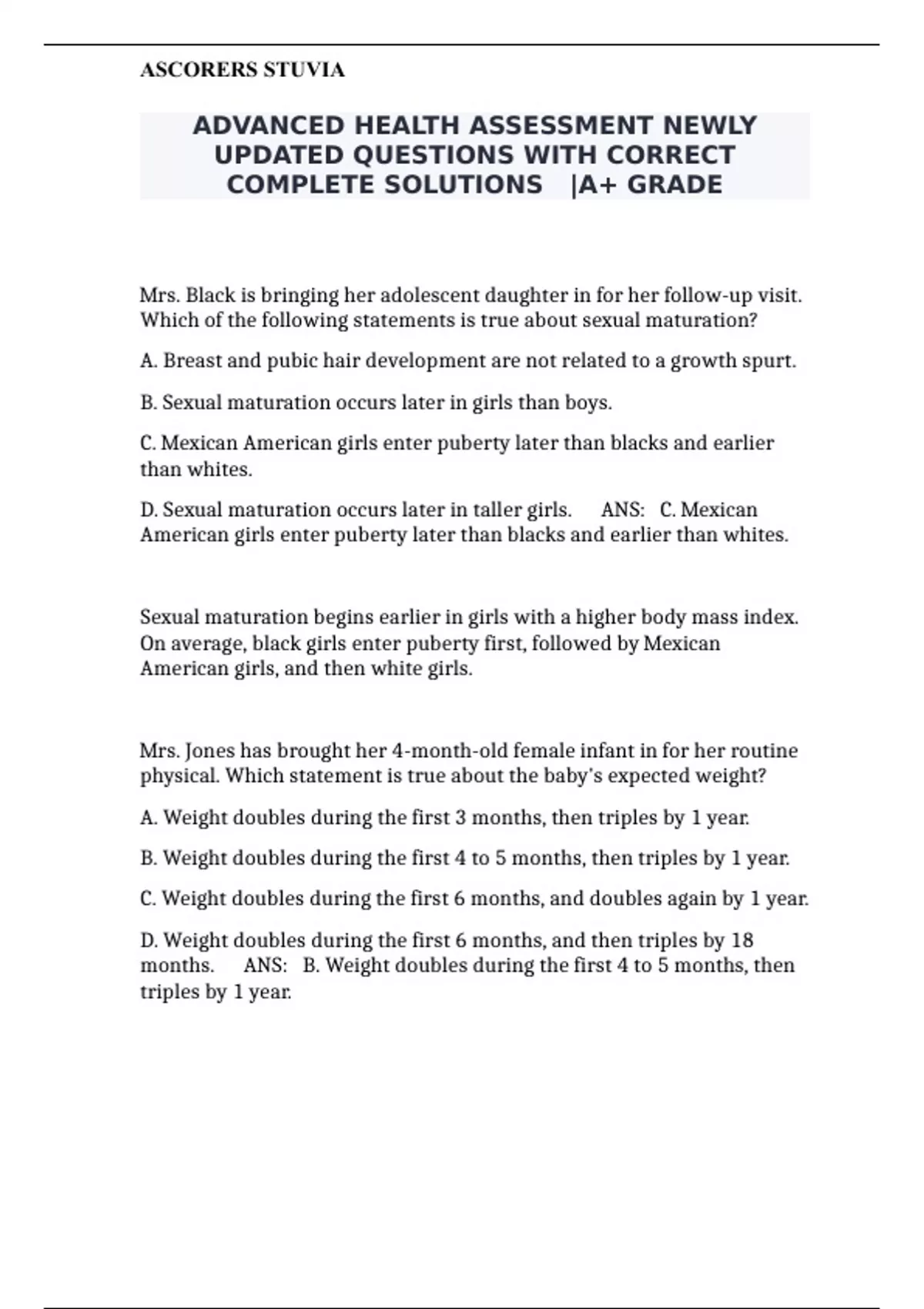 ADVANCED HEALTH ASSESSMENT NEWLY UPDATED QUESTIONS WITH CORRECT ...