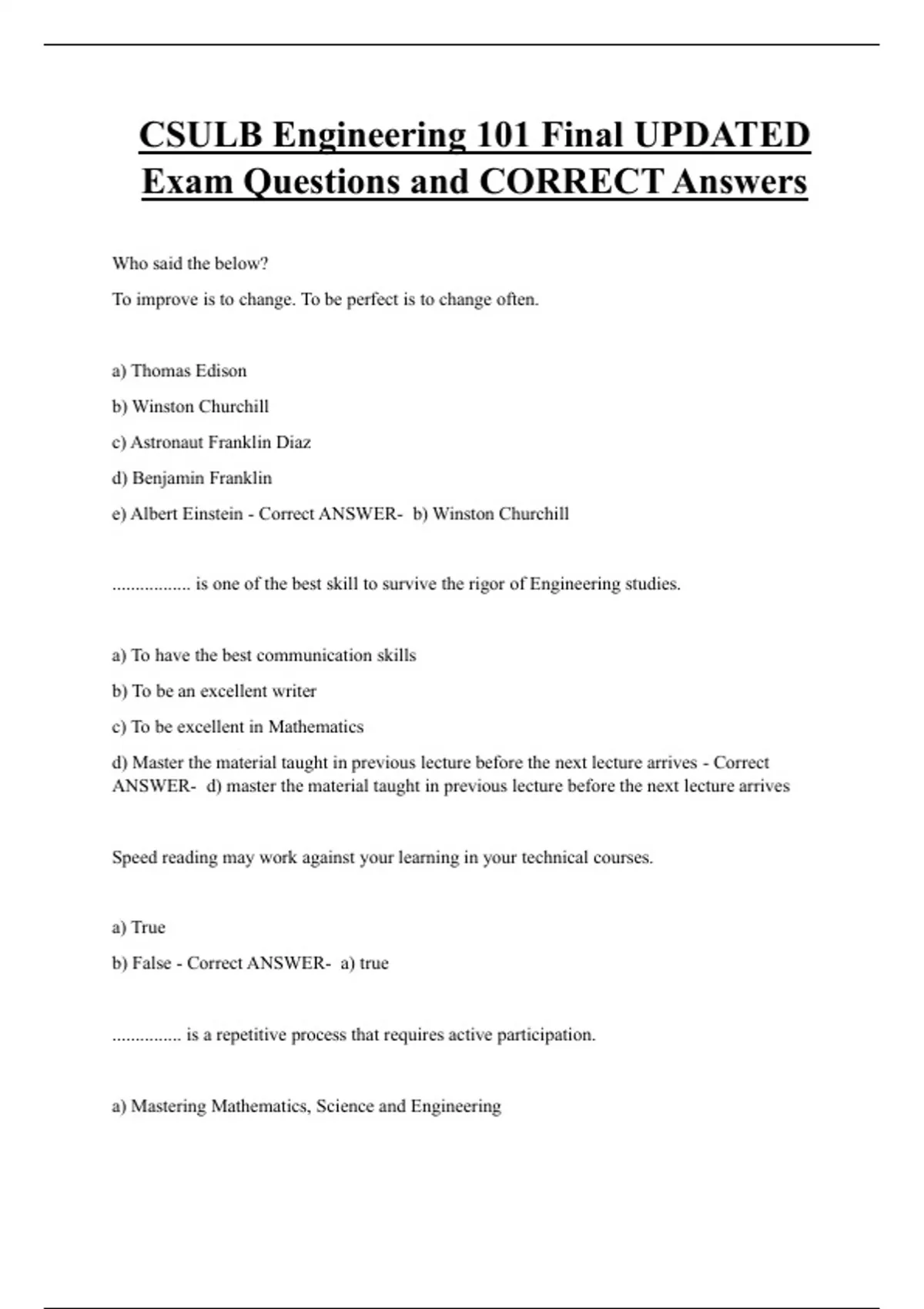 CSULB Engineering 101 Final UPDATED Exam Questions and CORRECT Answers - CSULB Engineering 101 ...