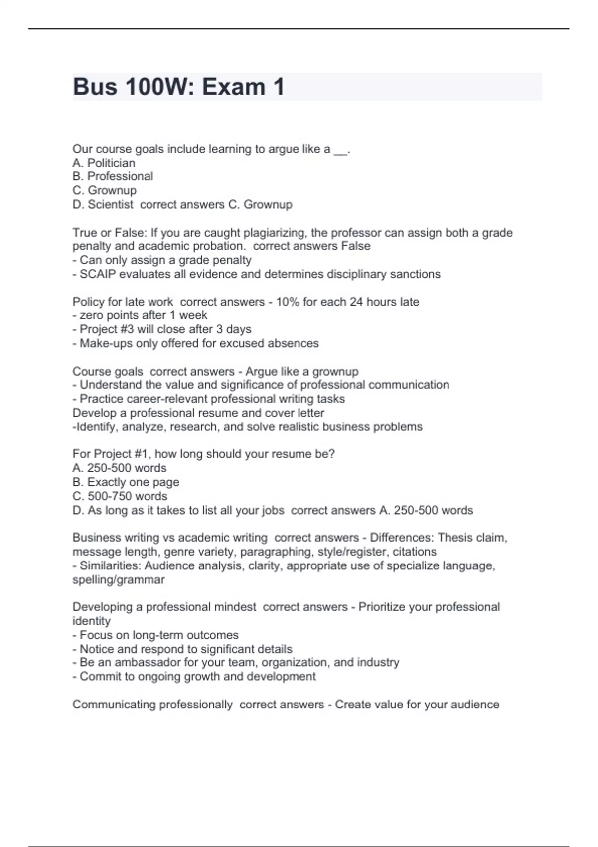 Bus 100W: Exam 1 with 100% correct solutions 2024 - Bus 100w - Stuvia US