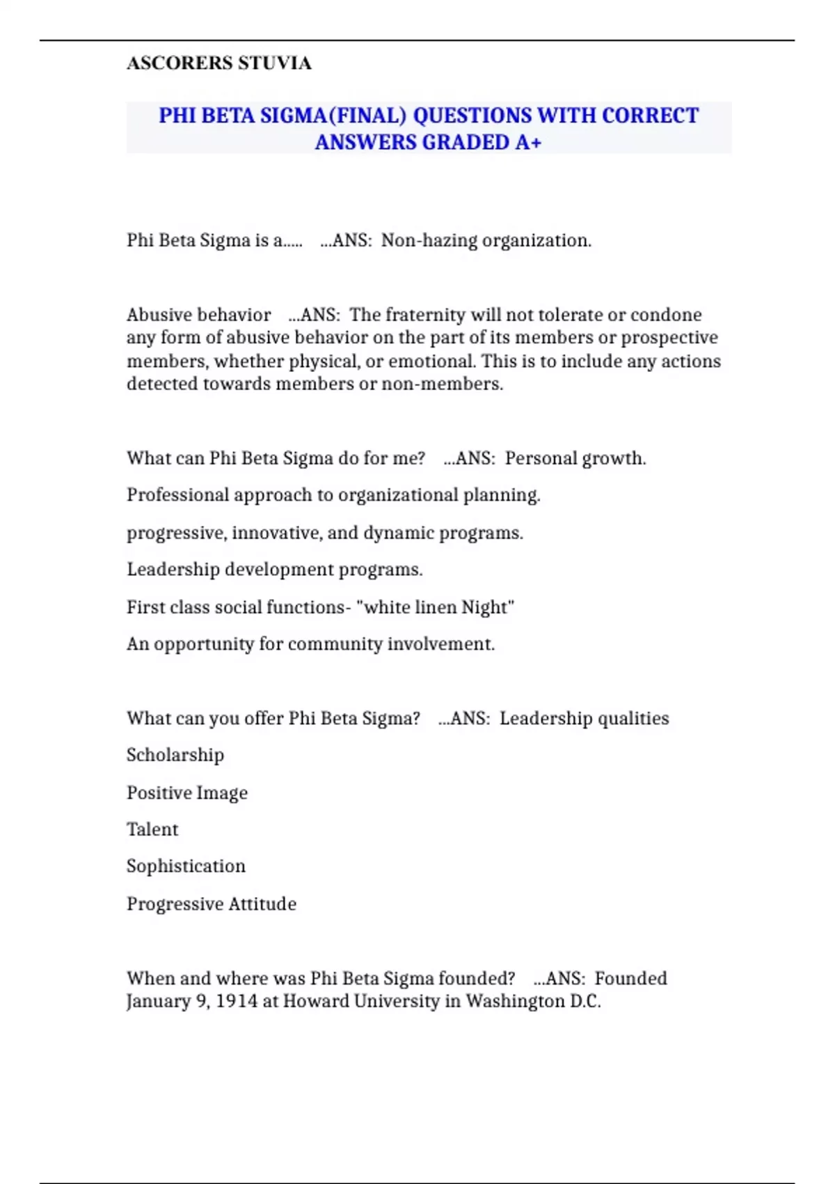 PHI BETA SIGMA(FINAL) QUESTIONS WITH CORRECT ANSWERS GRADED A+ - PHI BETA SIGMA - Stuvia US