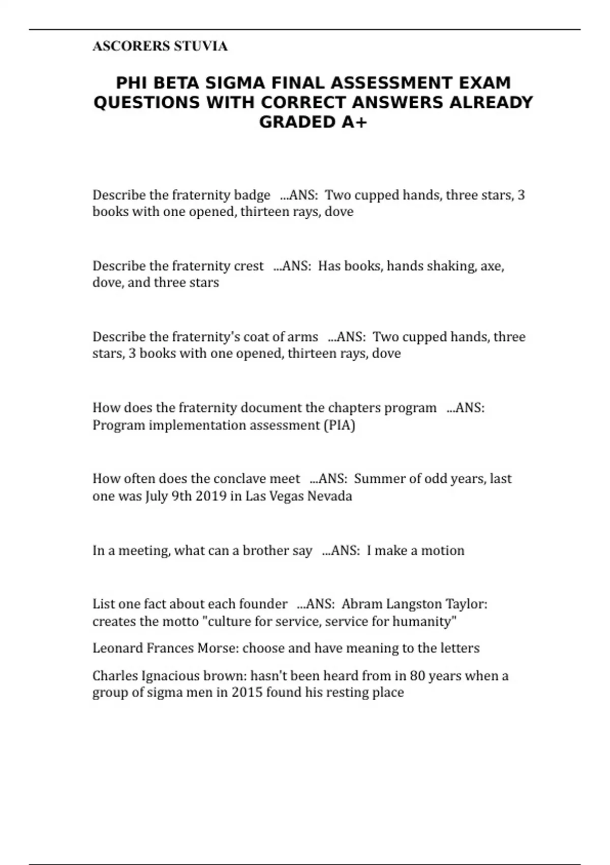 PHI BETA SIGMA FINAL ASSESSMENT EXAM QUESTIONS WITH CORRECT ANSWERS ALREADY GRADED A+ - PHI BETA ...