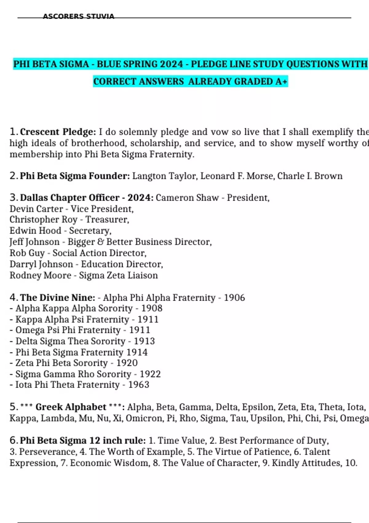 PHI BETA SIGMA - BLUE SPRING 2024 - PLEDGE LINE STUDY QUESTIONS WITH ...