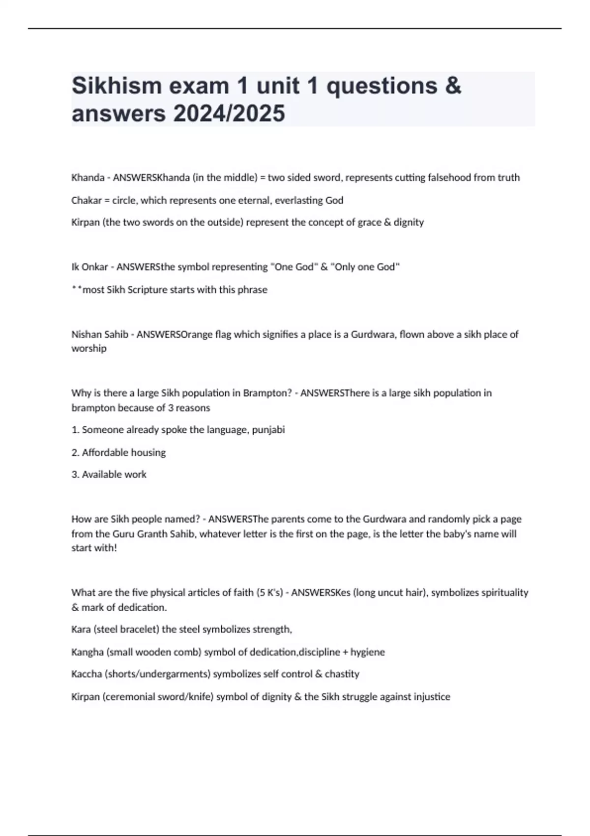 Sikhism exam 1 unit 1 questions & answers 2024/2025 - Sikhism - Stuvia US