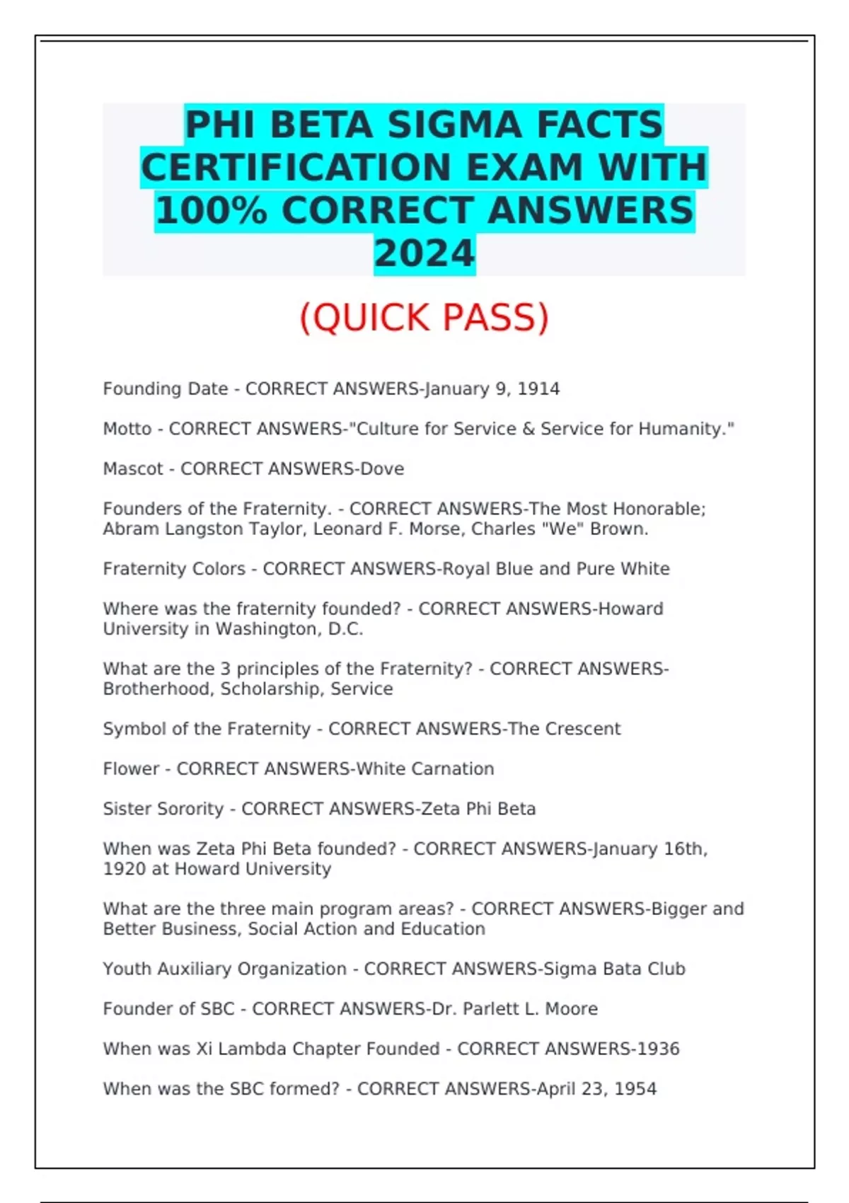 PHI BETA SIGMA FACTS CERTIFICATION EXAM WITH 100% CORRECT ANSWERS 2024 ...