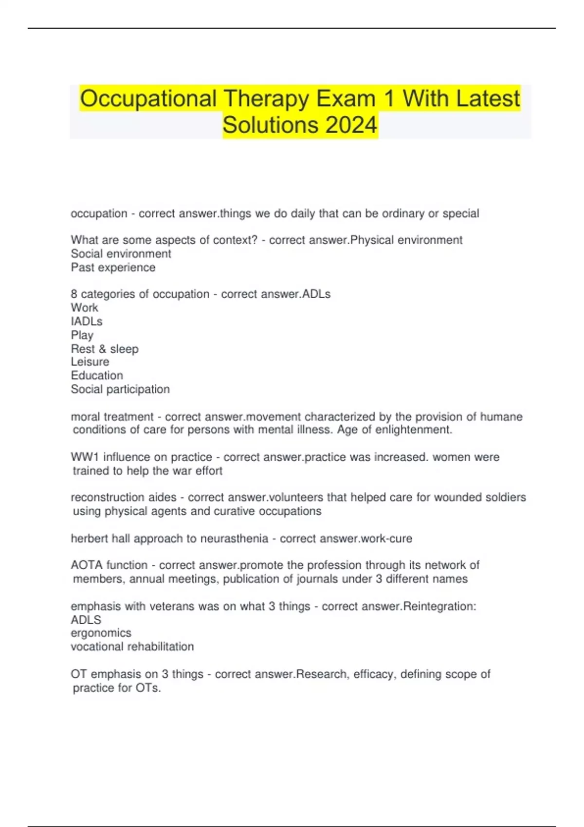 Occupational Therapy Exam 1 With Latest Solutions 2024 - Occupational ...