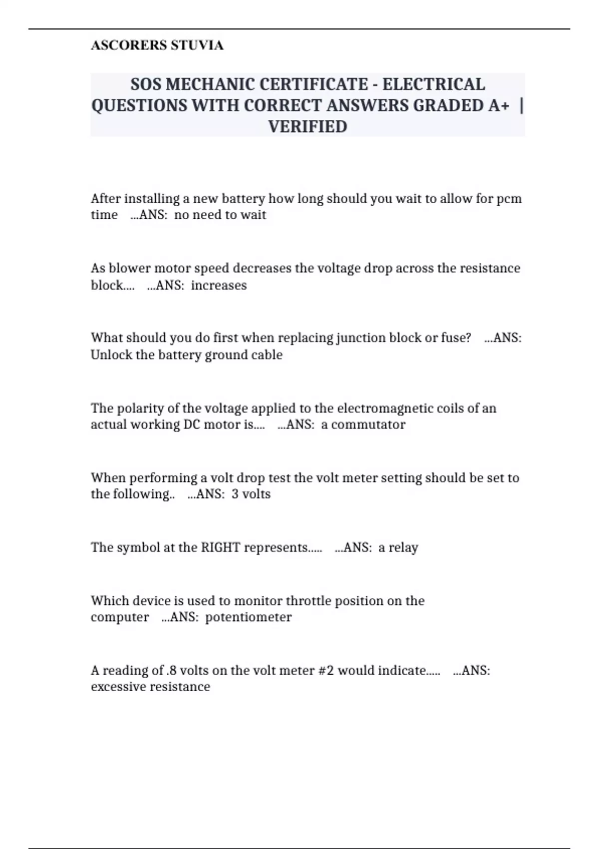 SOS MECHANIC CERTIFICATE - ELECTRICAL QUESTIONS WITH CORRECT ANSWERS ...