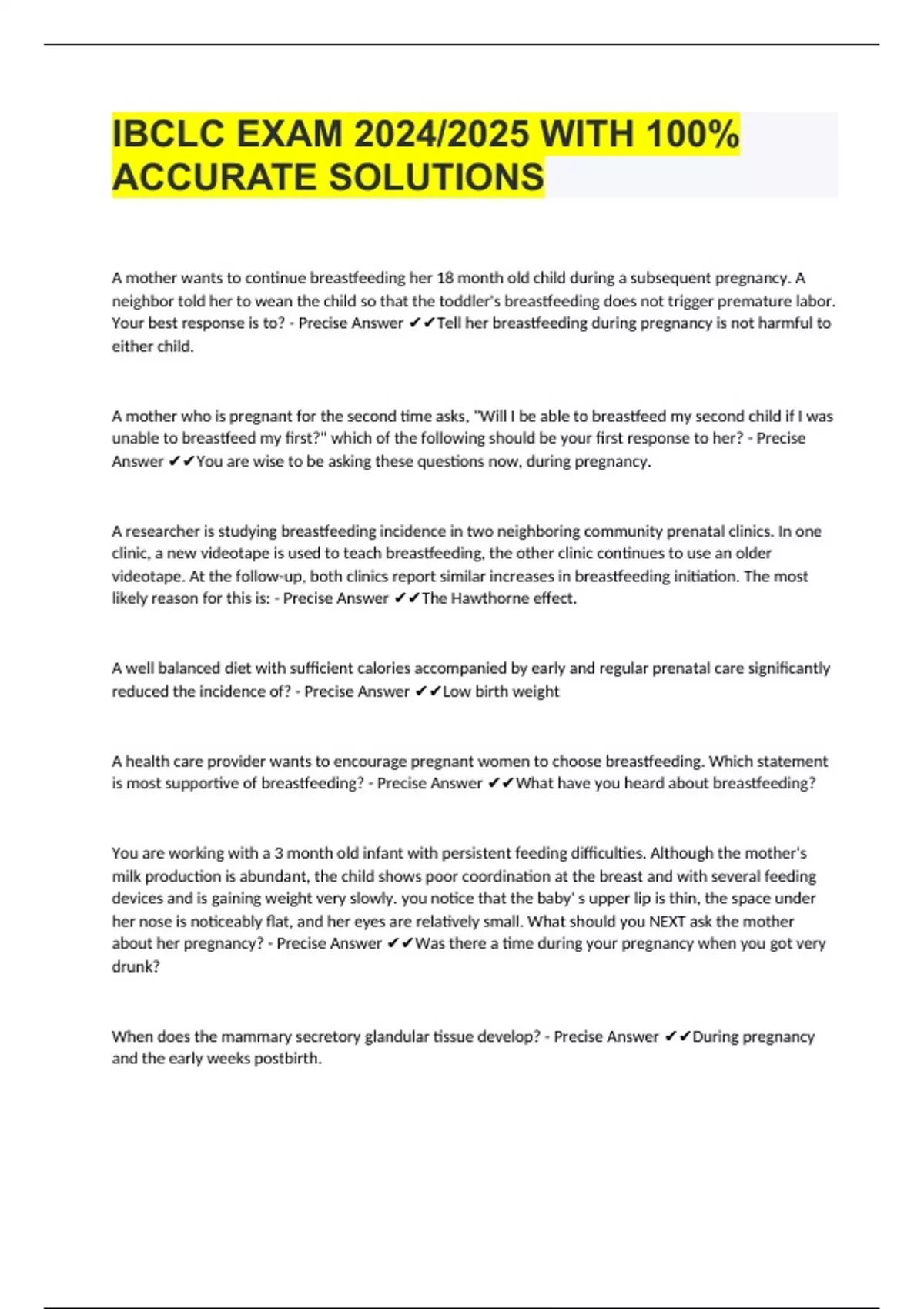 IBCLC EXAM 2024 /2025 WITH 100% ACCURATE SOLUTIONS - IBCLC - Stuvia US