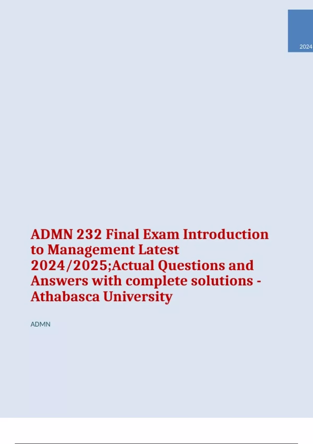 ADMN 232 Final Exam Introduction to Management Latest 2024/2025;Actual ...