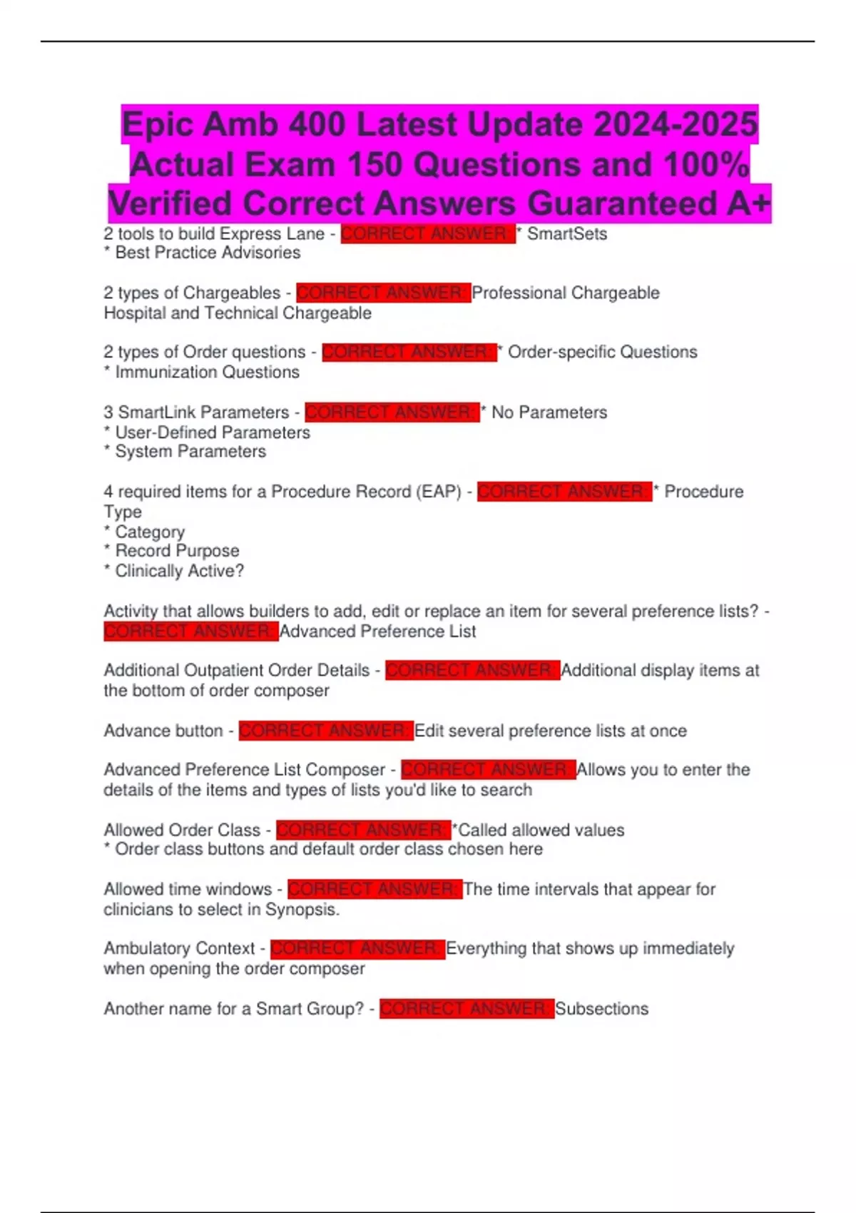 Epic Amb 400 Latest Update Actual Exam 150 Questions and 100% Verified ...