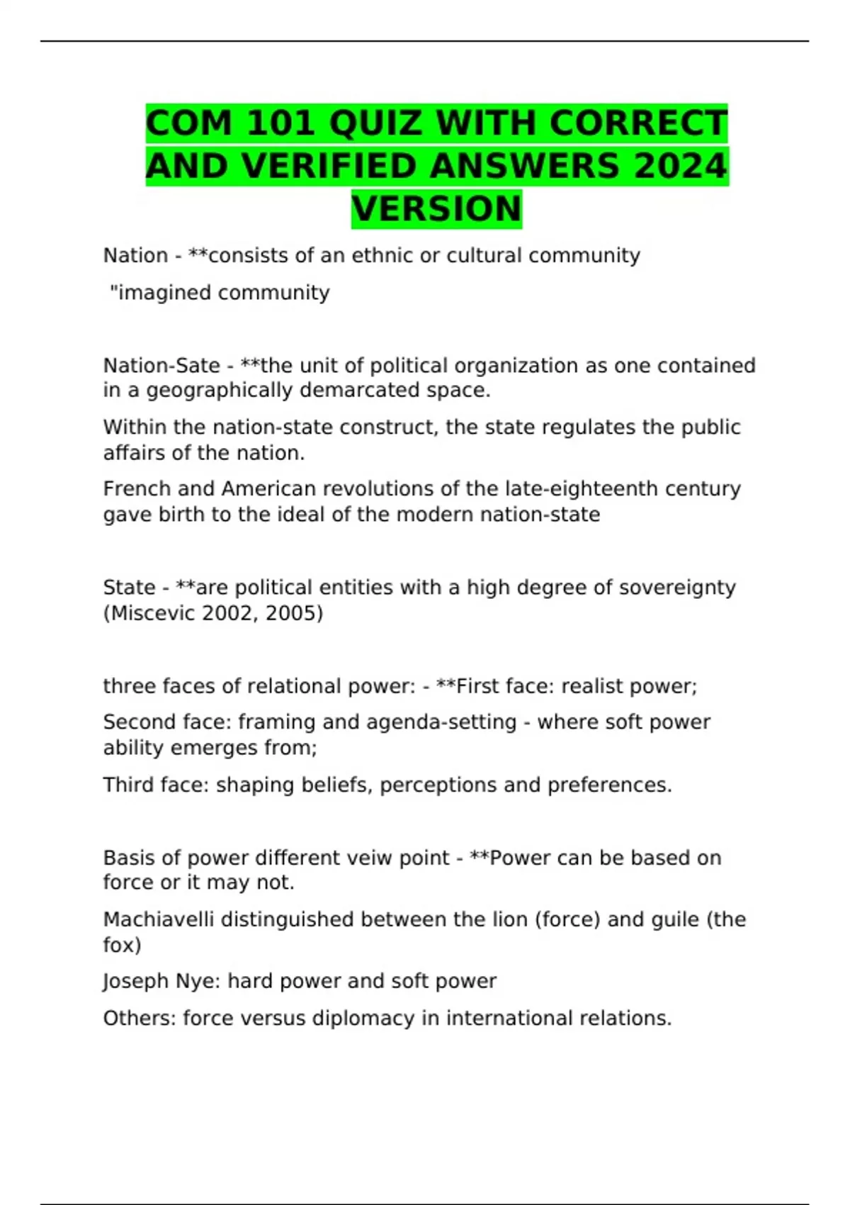 COM 101 QUIZ WITH CORRECT AND VERIFIED ANSWERS 2024 VERSION - Law ...