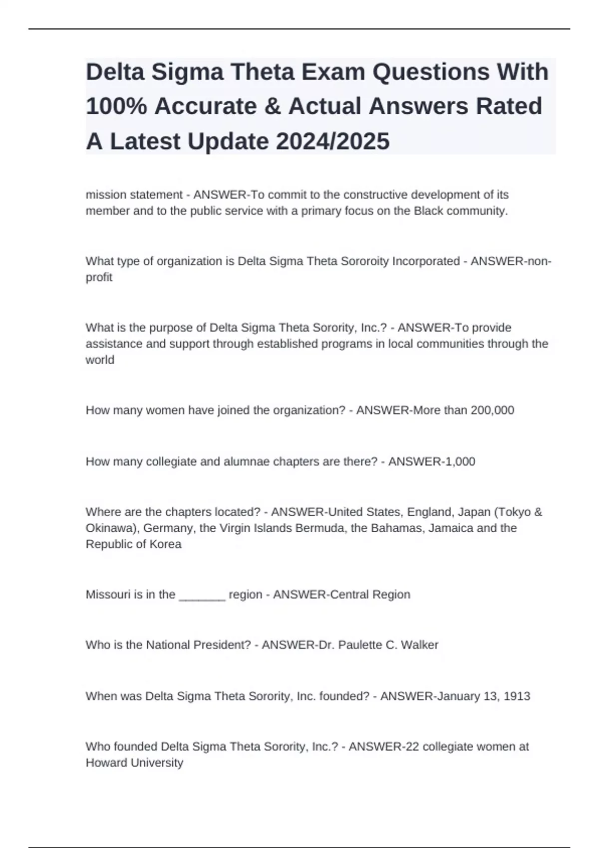 Delta Sigma Theta Exam Questions With 100% Accurate & Actual Answers ...