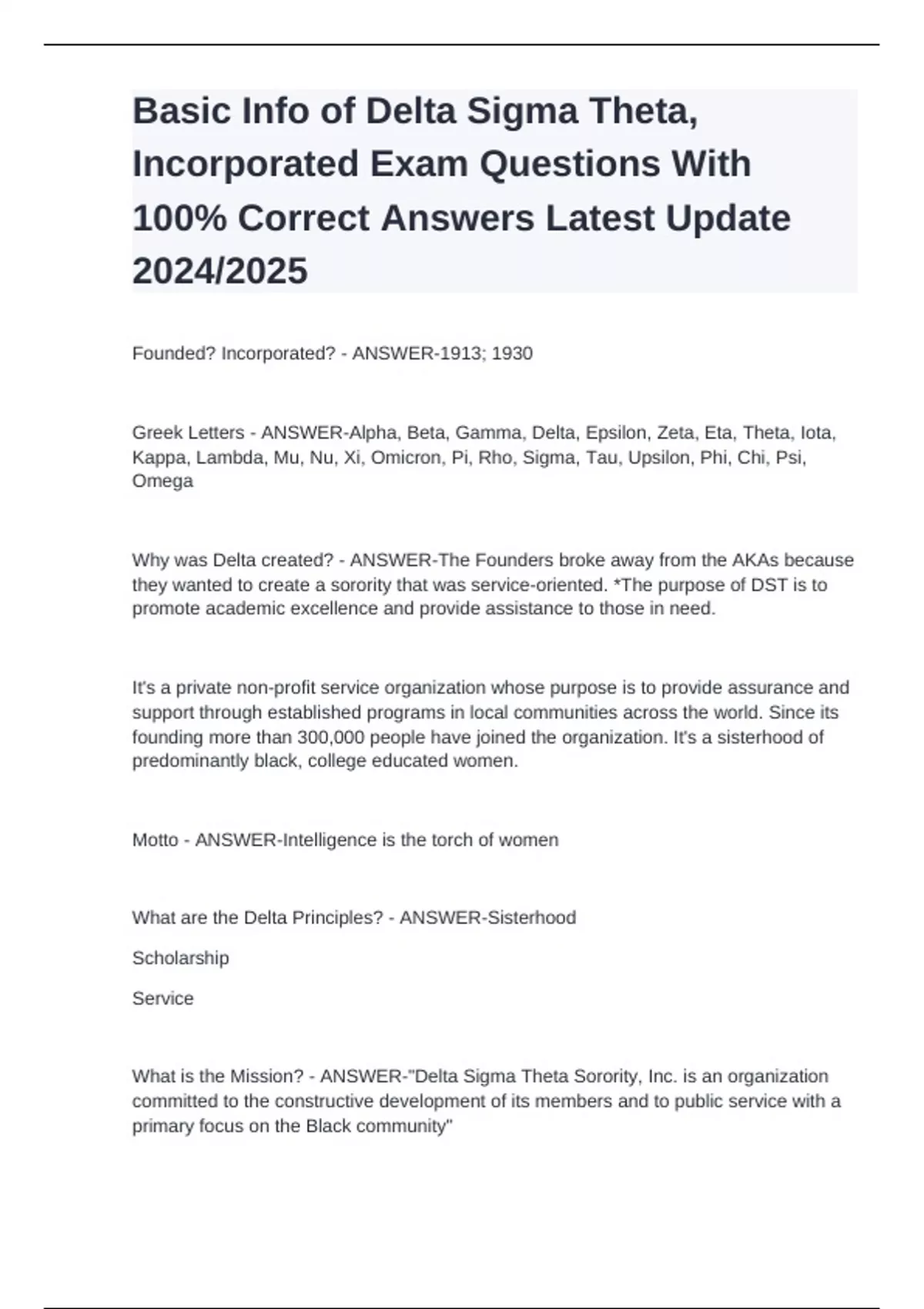 Basic Info of Delta Sigma Theta, Incorporated Exam Questions With 100% ...