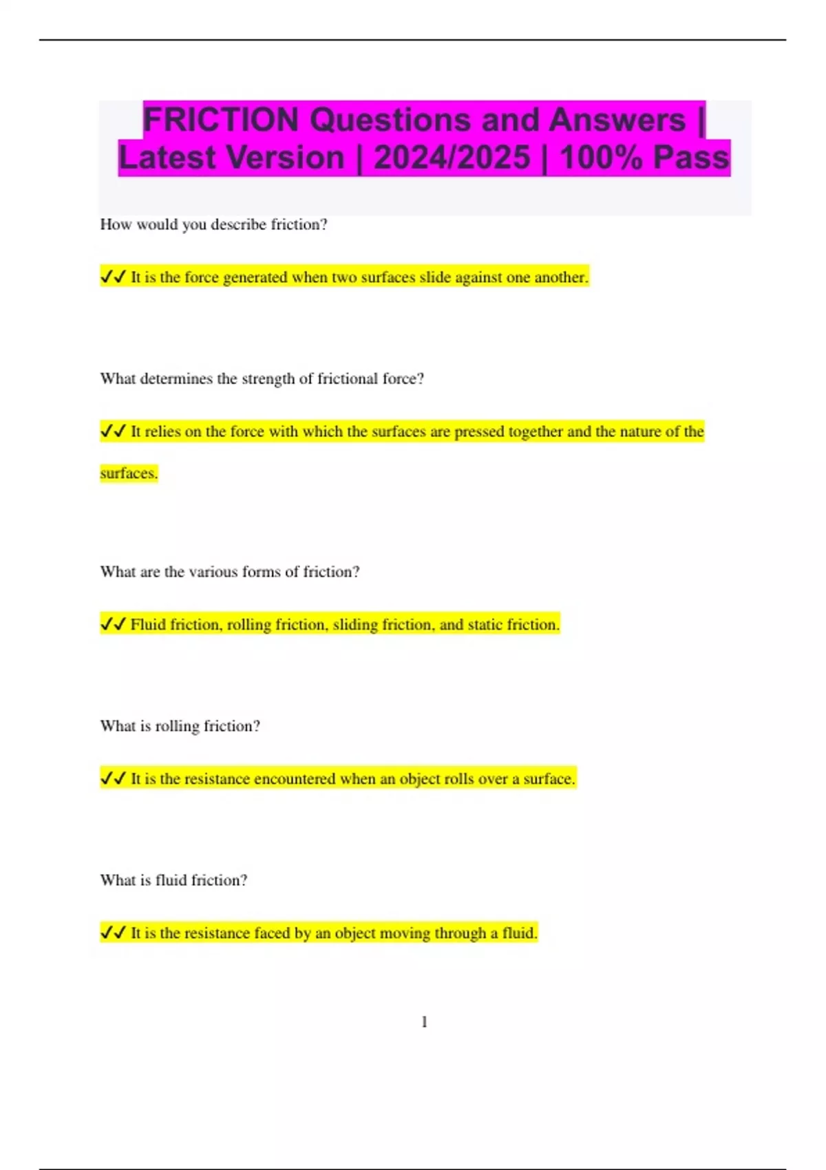 FRICTION Questions and Answers | Latest Version | 2024/2025 | 100% Pass ...