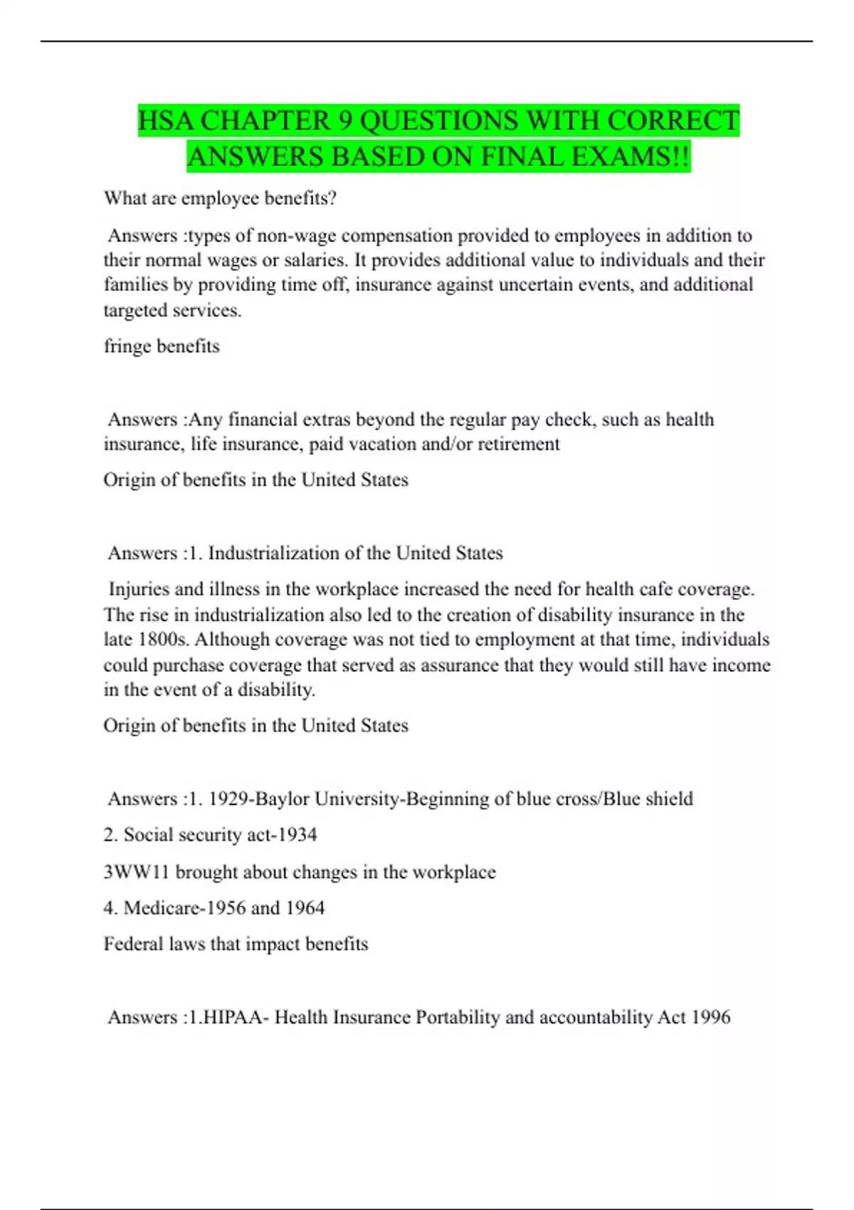 HSA CHAPTER 9 QUESTIONS WITH CORRECT ANSWERS BASED ON FINAL EXAMS ...