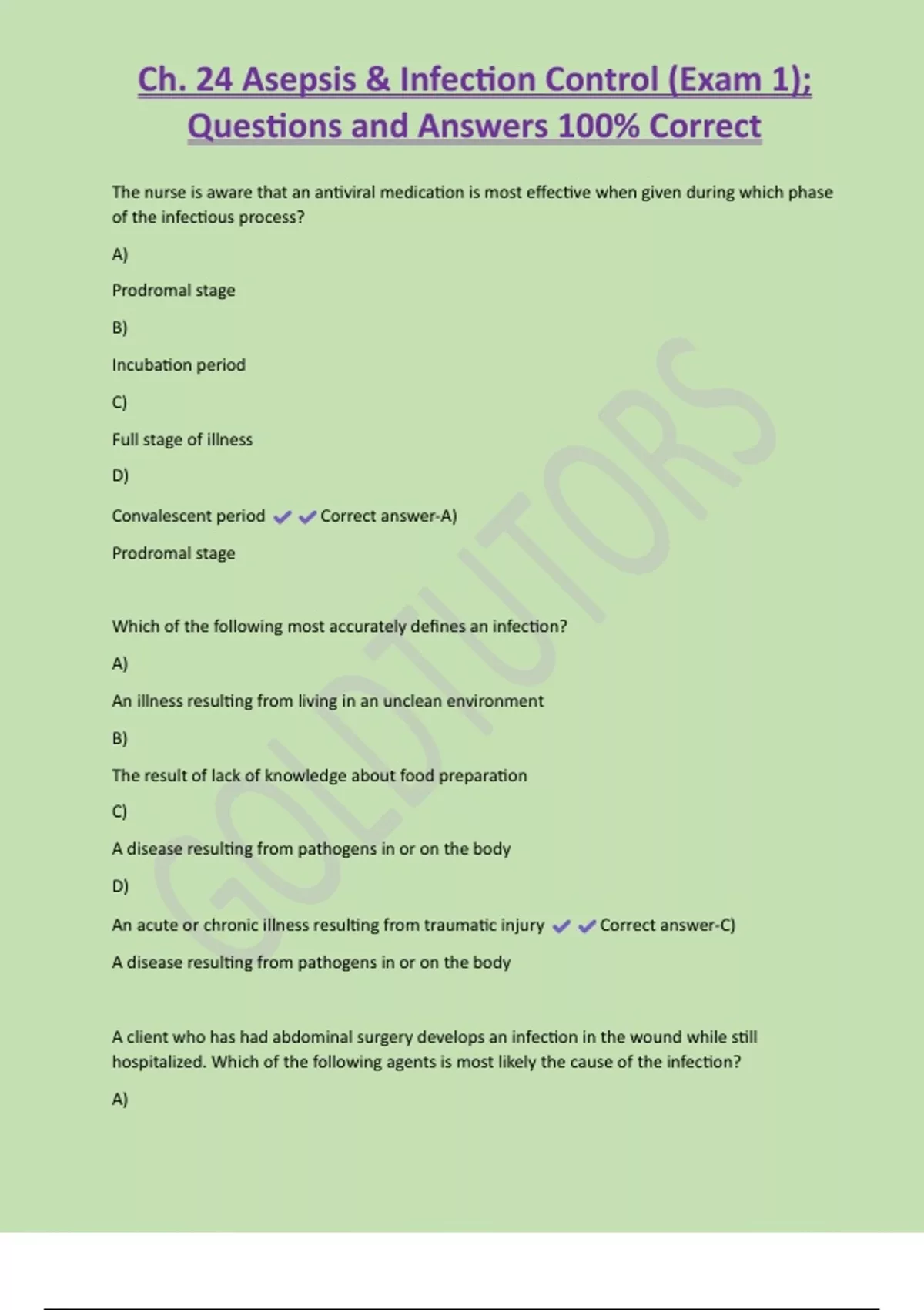 Ch 24 Asepsis And Infection Control Exam 1 Questions And Answers 100 Correct Asepsis And