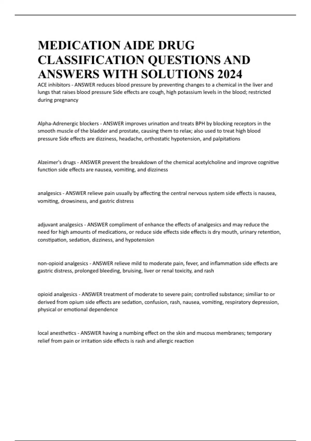 MEDICATION AIDE DRUG CLASSIFICATION QUESTIONS AND ANSWERS WITH ...